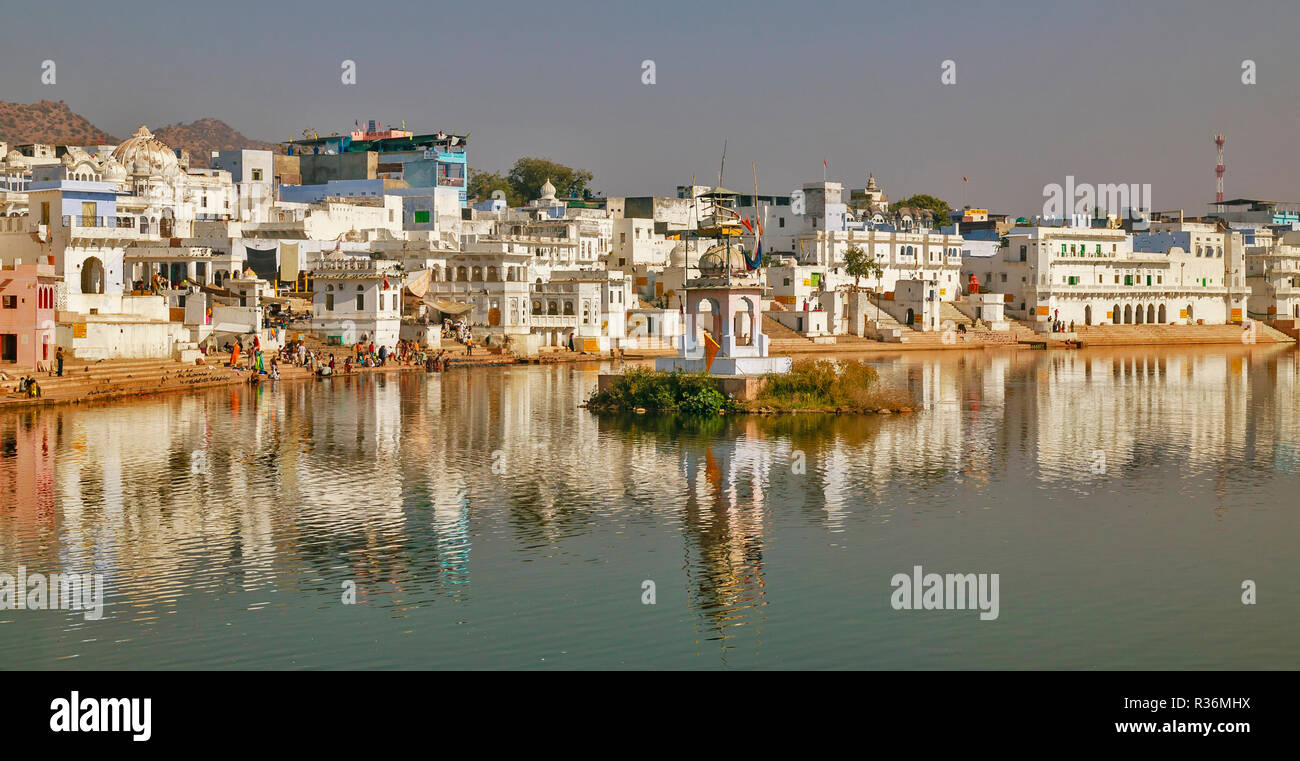 RAJASTHAN INDIA PUSHKAR BUILDINGS AND GHATS AROUND THE SACRED LAKE ...