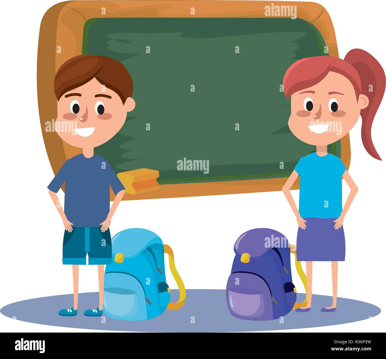 elementary school students with backpack in front board cartoon vector ...