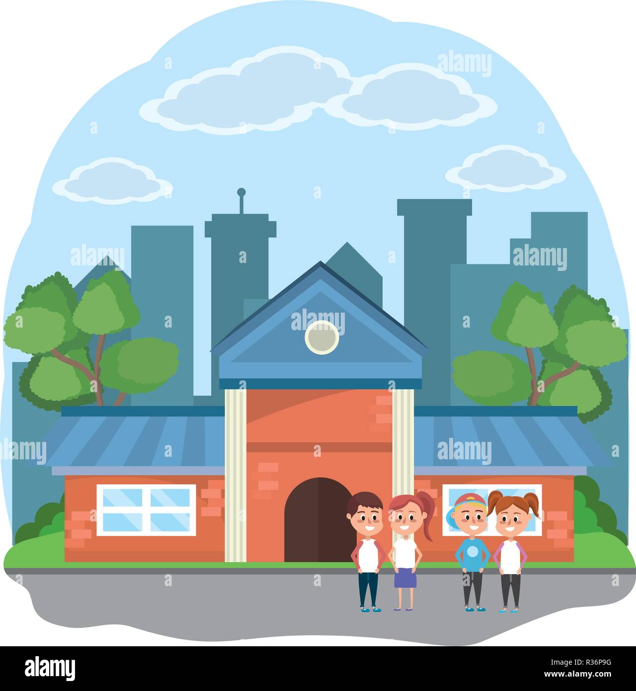 elementary school students in front school building cartoon vector ...