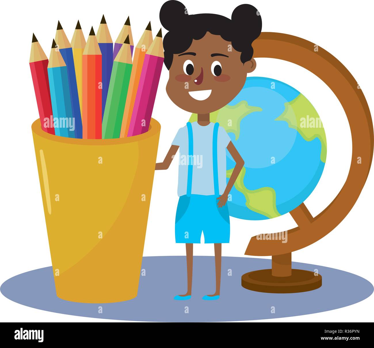 elementary school girl with pencils and world map cartoon vector ...