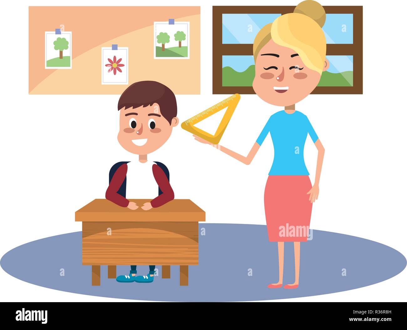 elementary school boy with teacher in the classroom cartoon vector ...