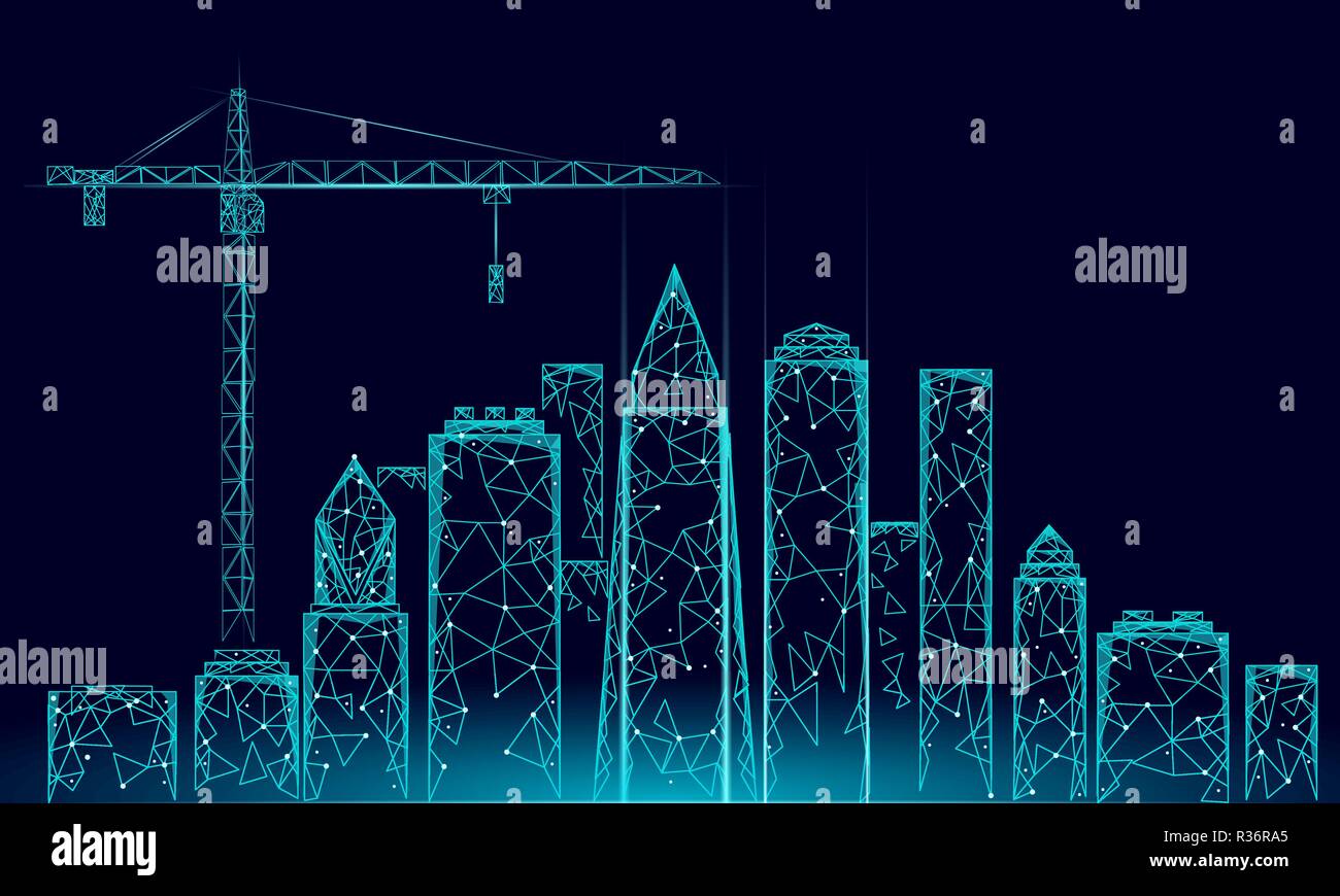 Low poly building under construction crane. Industrial modern business ...