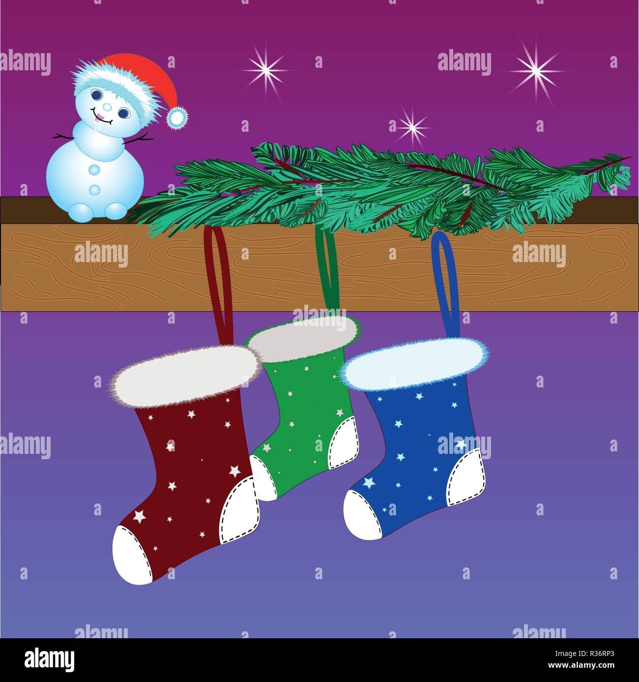 New year's poster .Christmas sock. Snowman. Christmas tree. Asterisk ...