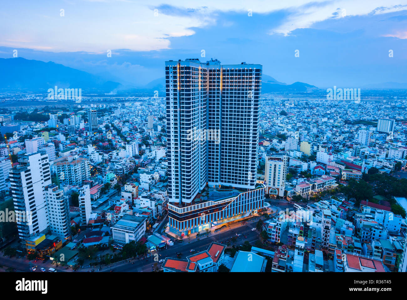Nha Trang city skyline aerial panoramic view at sunset in south Vietnam ...