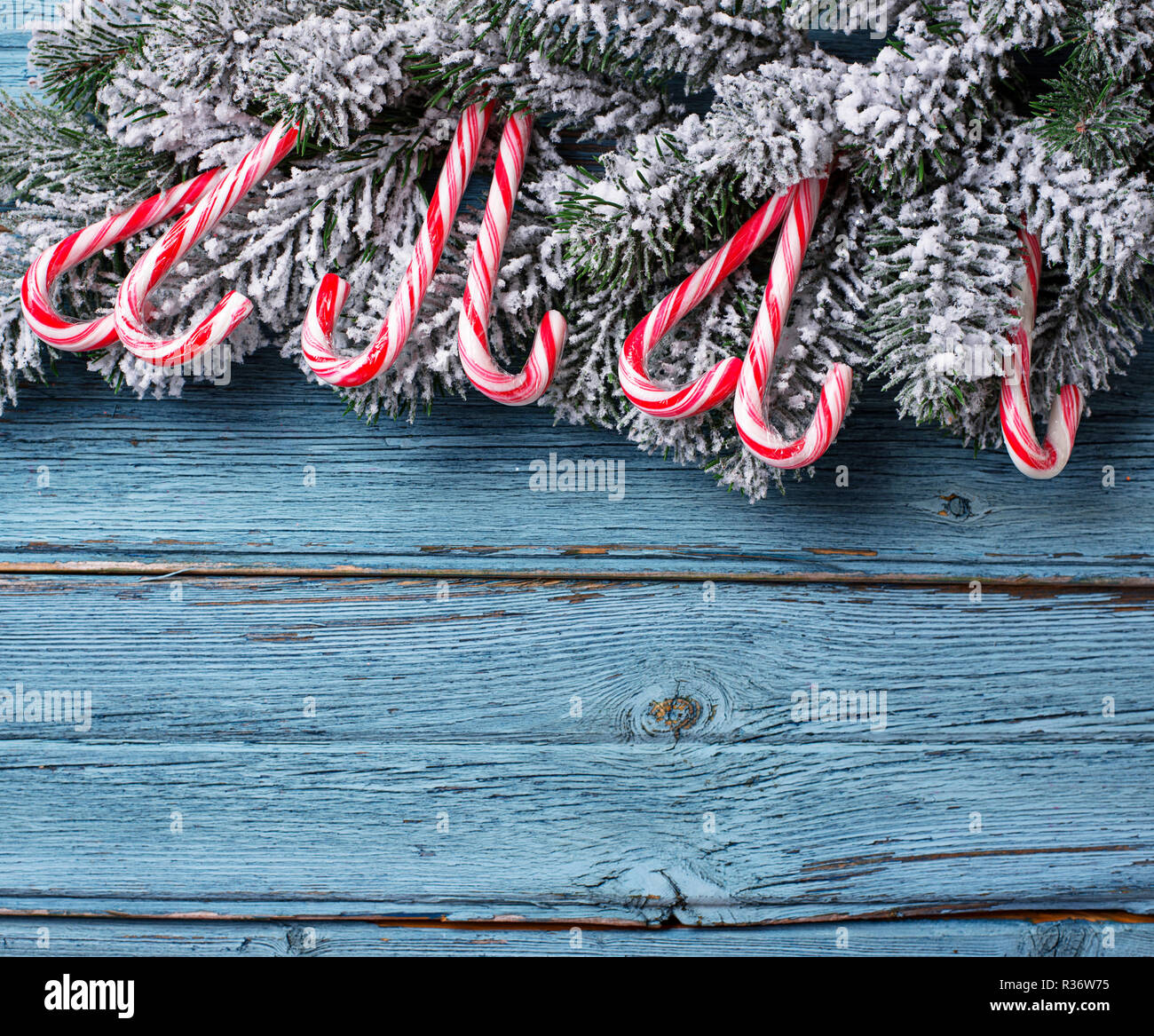 Christmas or New year festive background on blue wood. Space for text ...