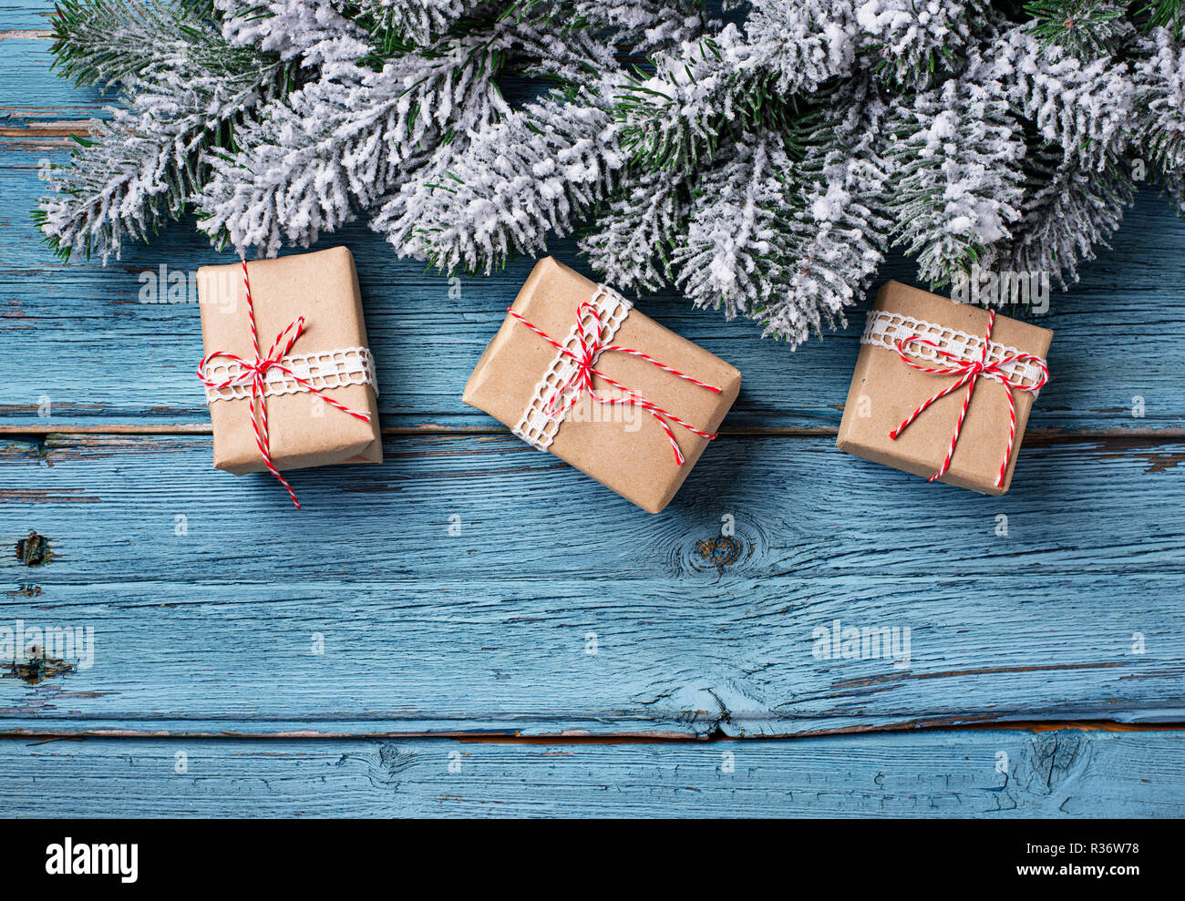 Christmas or New year festive background on blue wood. Space for text ...