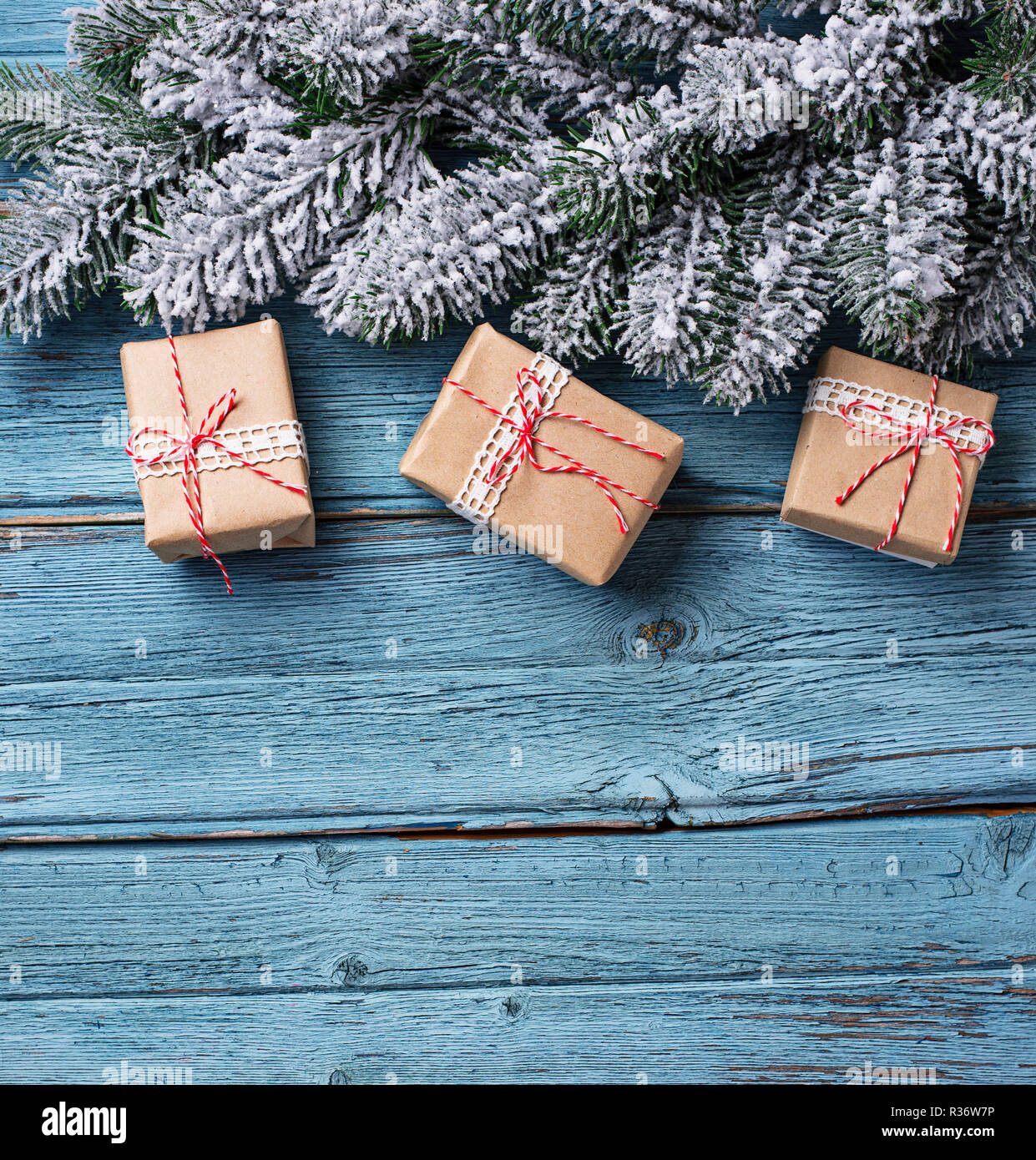 Christmas or New year festive background on blue wood. Space for text ...