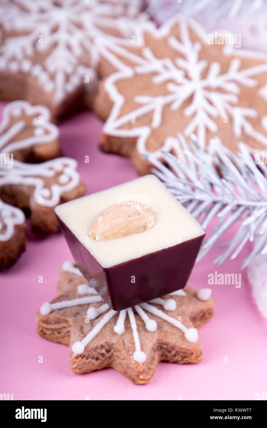 Christmass New Year decorations. Greeting card. Milk chocolate candy ...