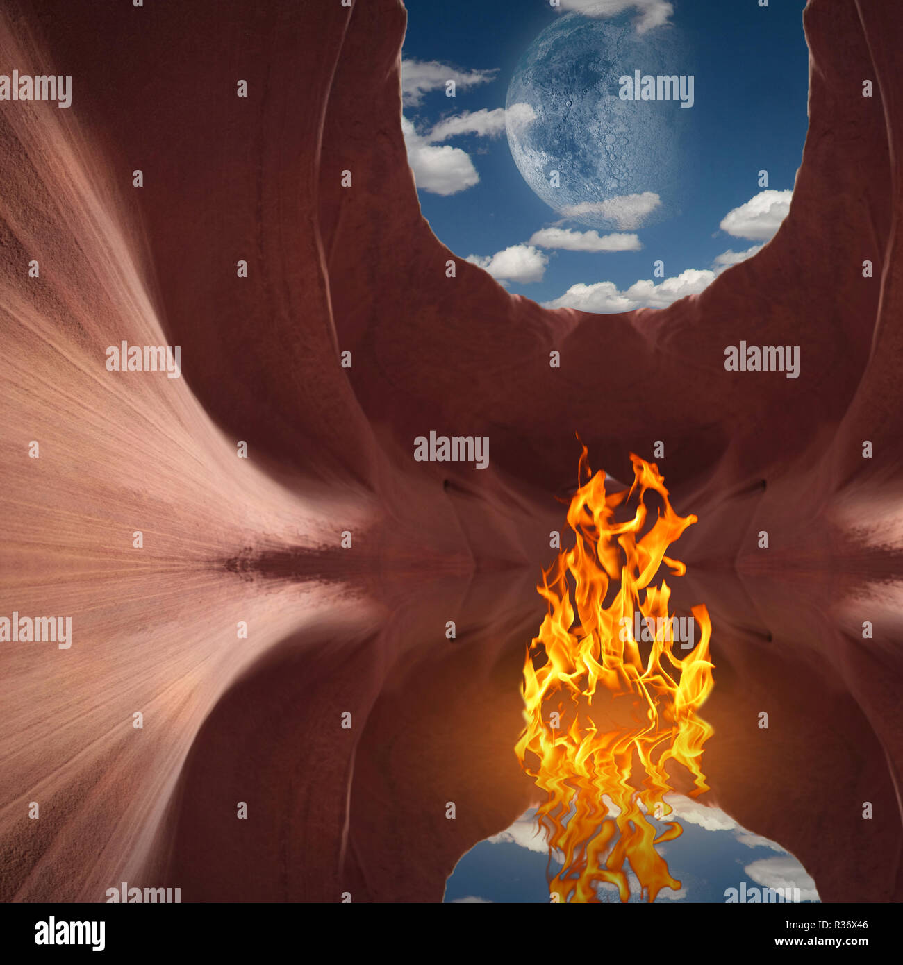 Fire in red cave. 3D rendering Stock Photo - Alamy