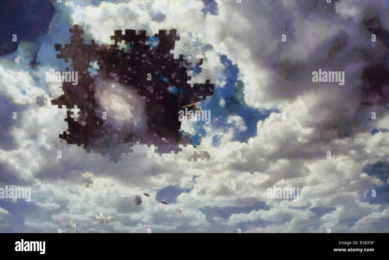 Surreal digital art. Clouds are falling apart on a pieces of puzzle ...