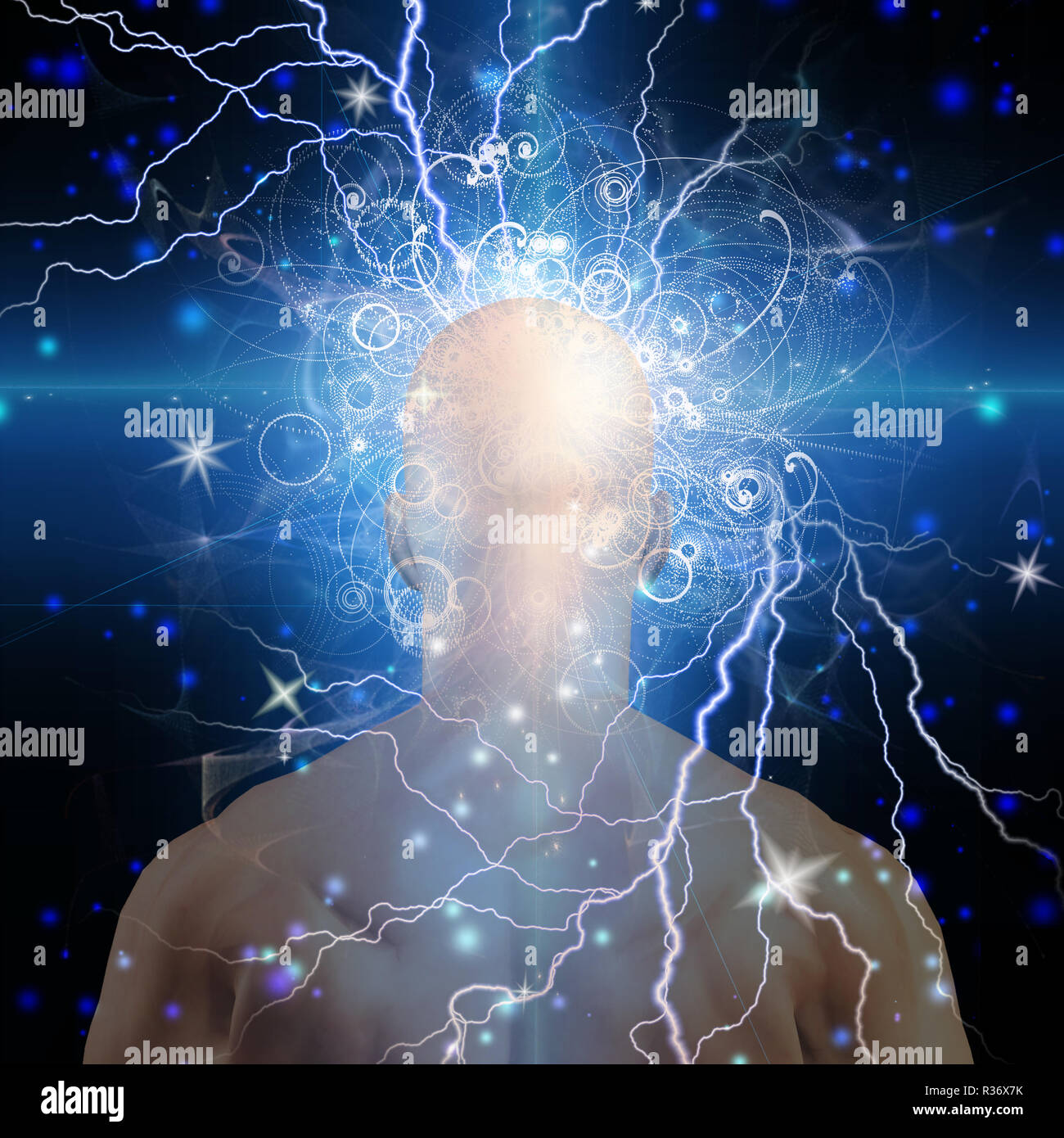 Surreal digital art. Mans head with stars, lightnings and clouds Stock ...