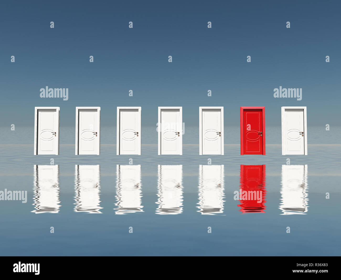 Surreal digital art. Make a Choice. Seven white door with one red door ...