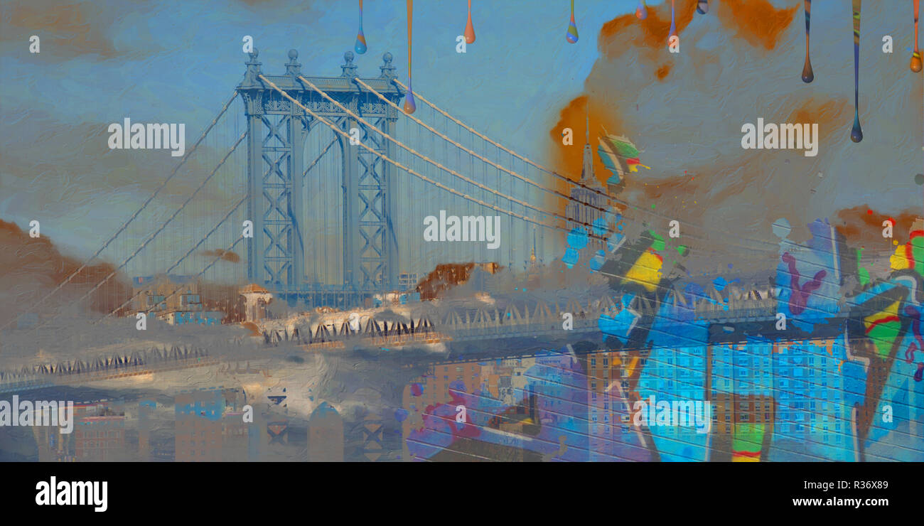 Surreal digital art. Manhattan bridge on New York's cityscape. Pieces ...