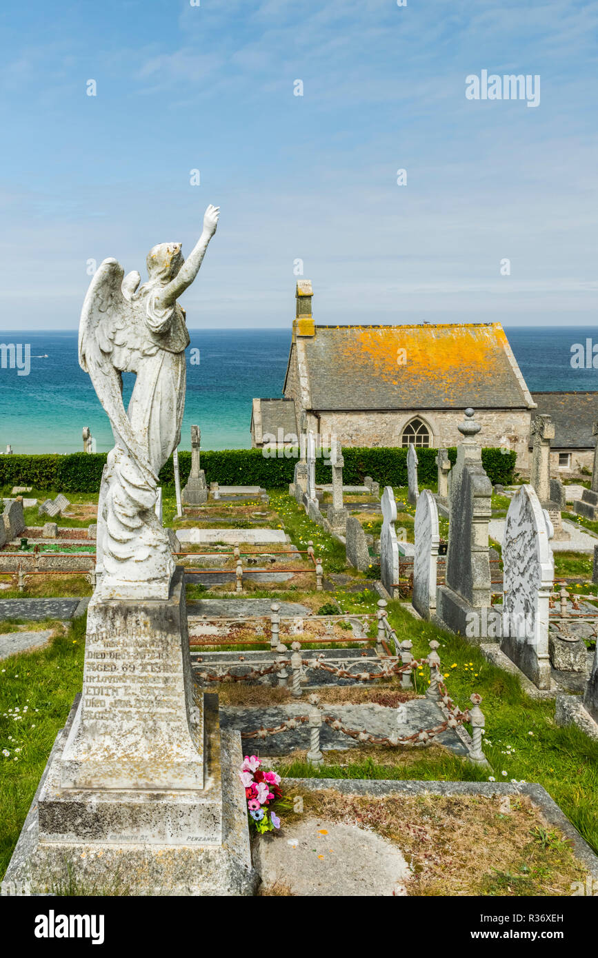 A Victorian monument depicting an angel in Barnoon Cemetery, St Ives ...