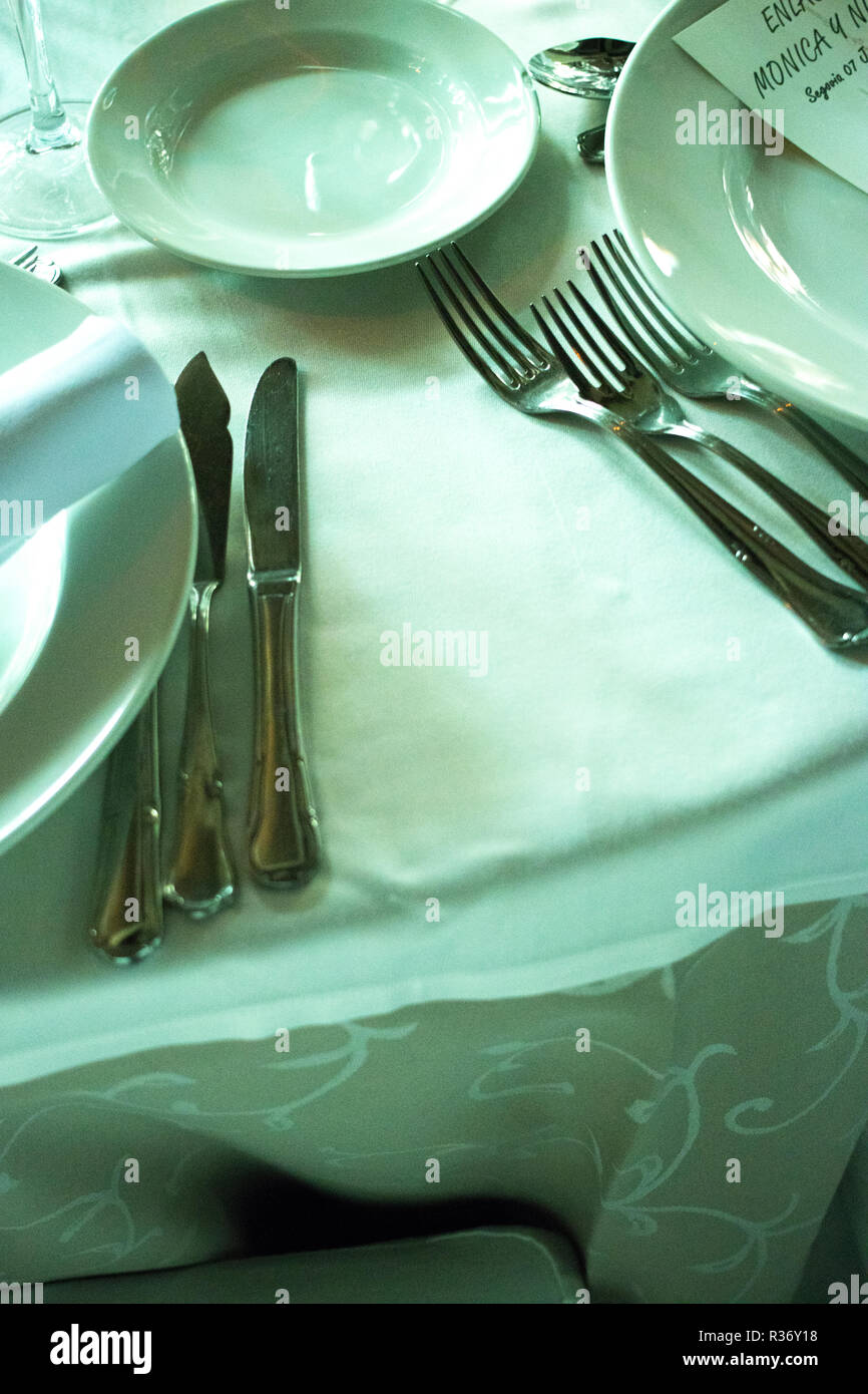 Wedding reception banquet dinner party table place settings set in ...