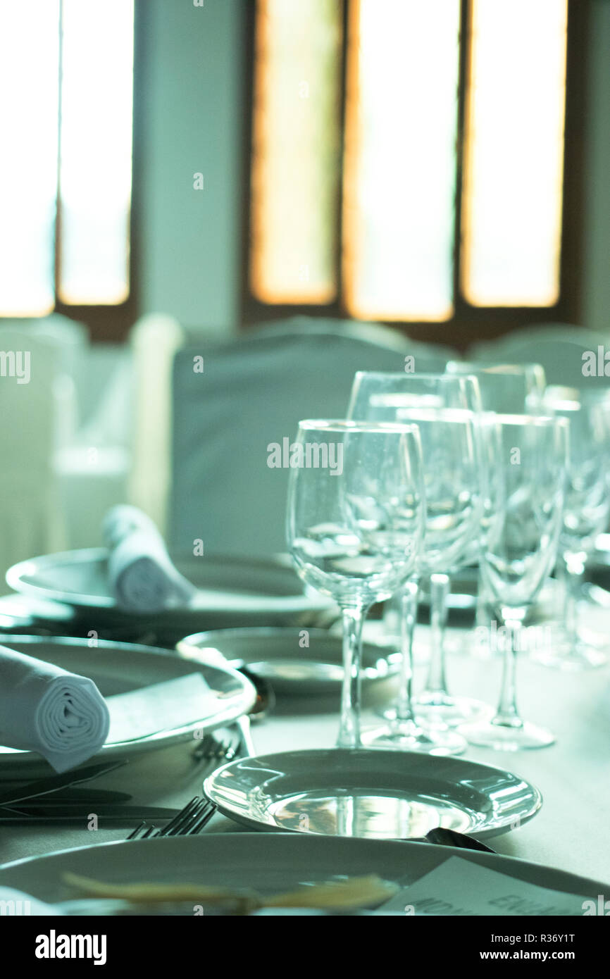 Wedding reception banquet dinner party table place settings set in ...