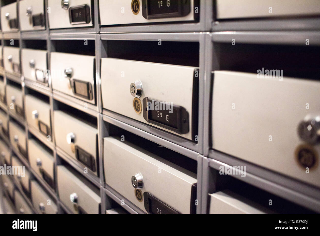 Residential appartment block building interior letter boxes with ...