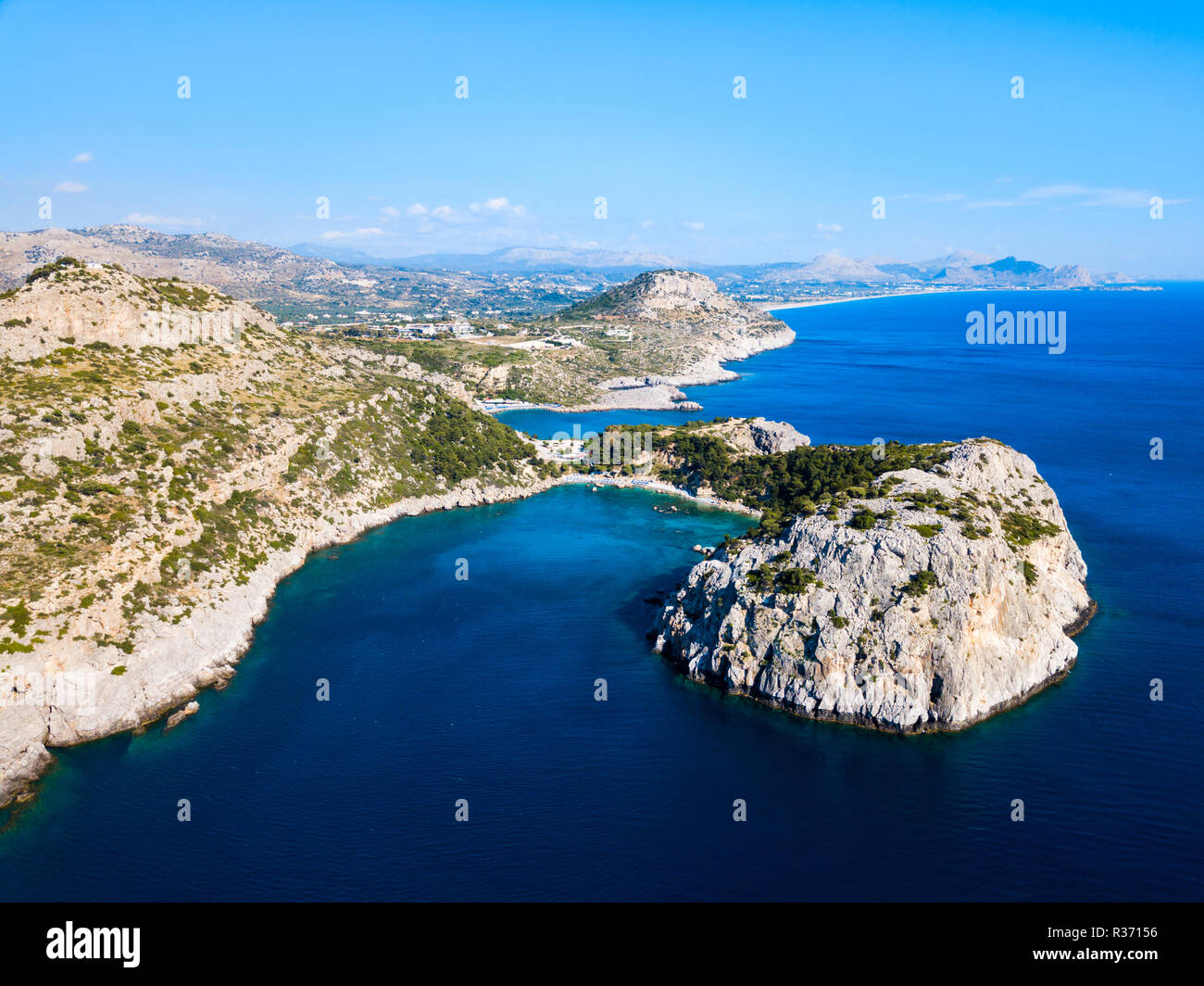 Ladiko beach and Anthony Quinn Bay aerial panoramic view in Rhodes ...