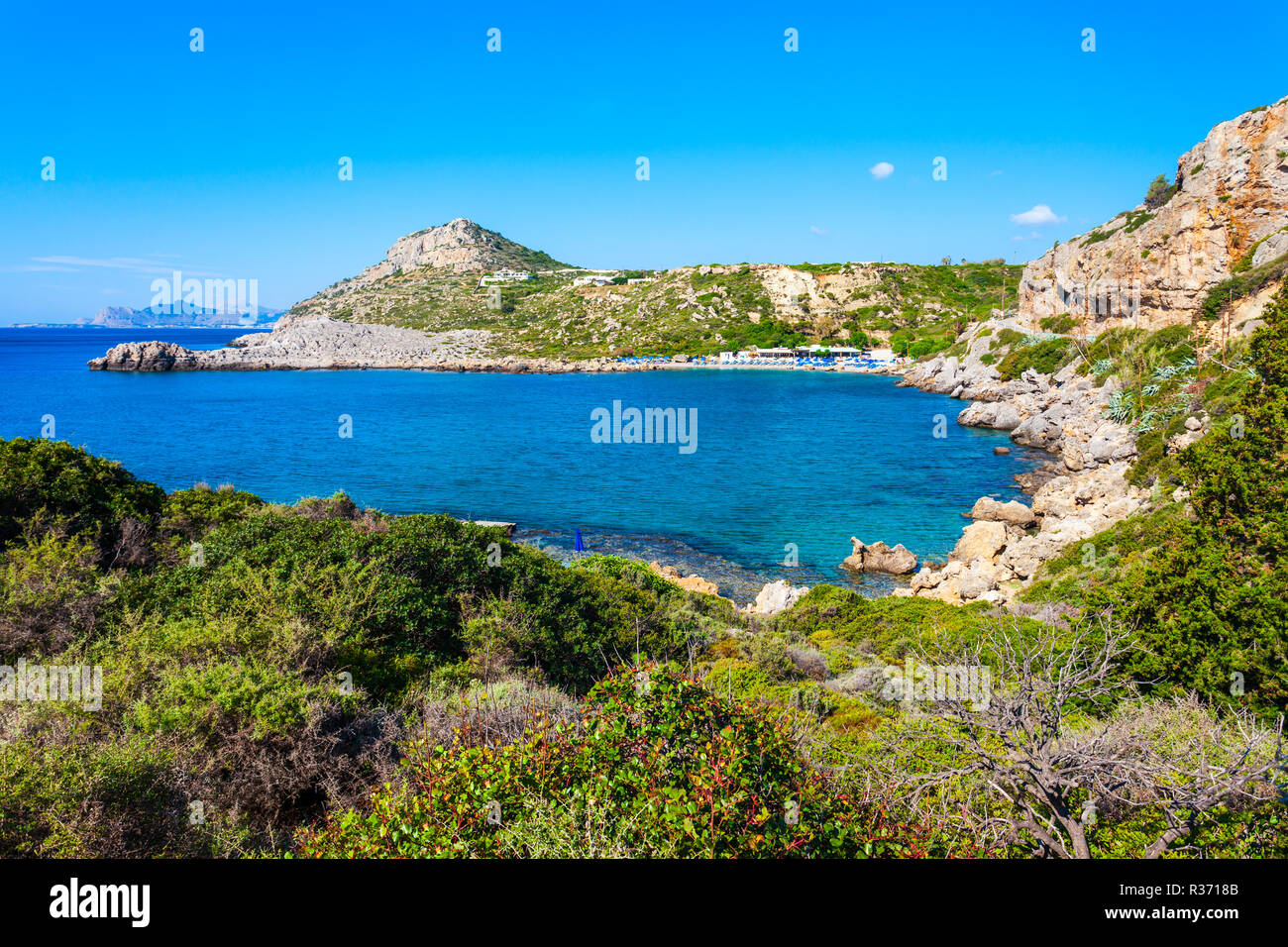 Ladiko beach and Anthony Quinn Bay aerial panoramic view in Rhodes ...