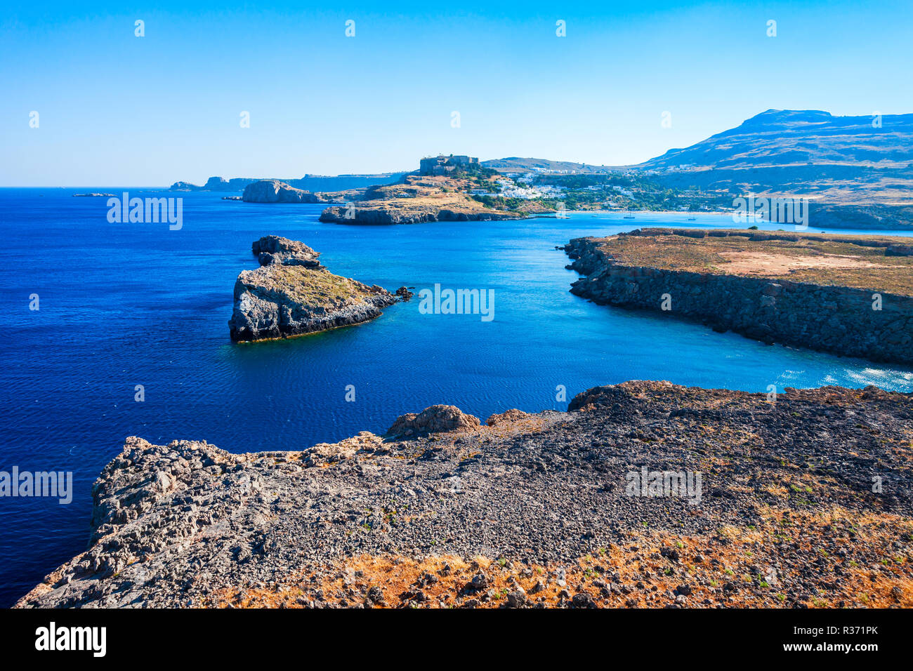 Lindos rocks aerial panoramic view in Lindos town at Rhodes island ...