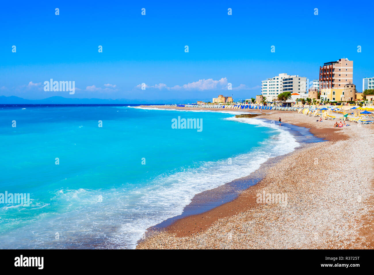 Rhodes city beach aerial panoramic view in Rhodes island in Greece ...