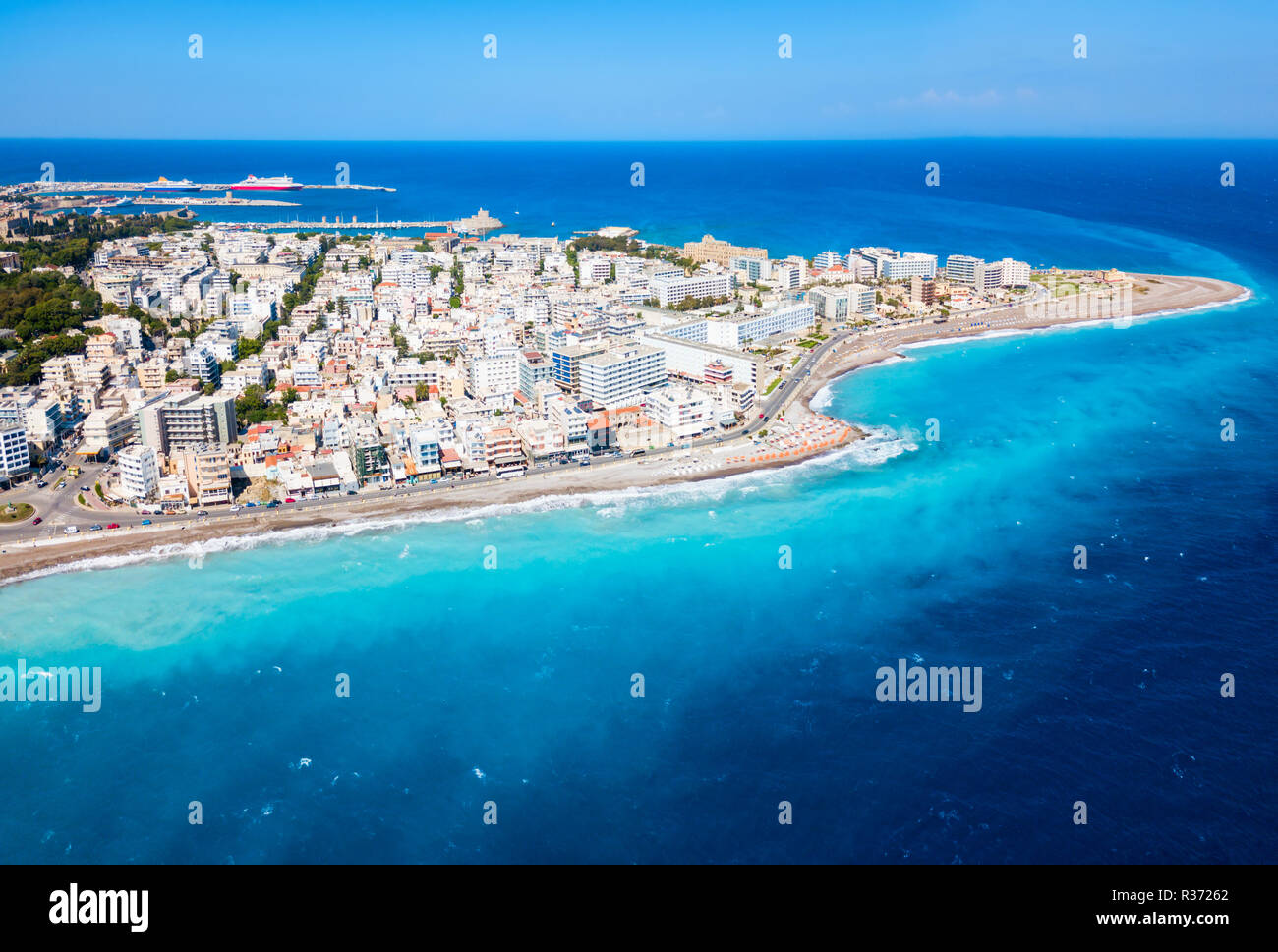 Rhodes city beach aerial panoramic view in Rhodes island in Greece ...