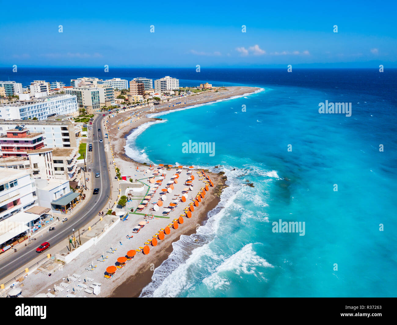 Rhodes city beach aerial panoramic view in Rhodes island in Greece ...