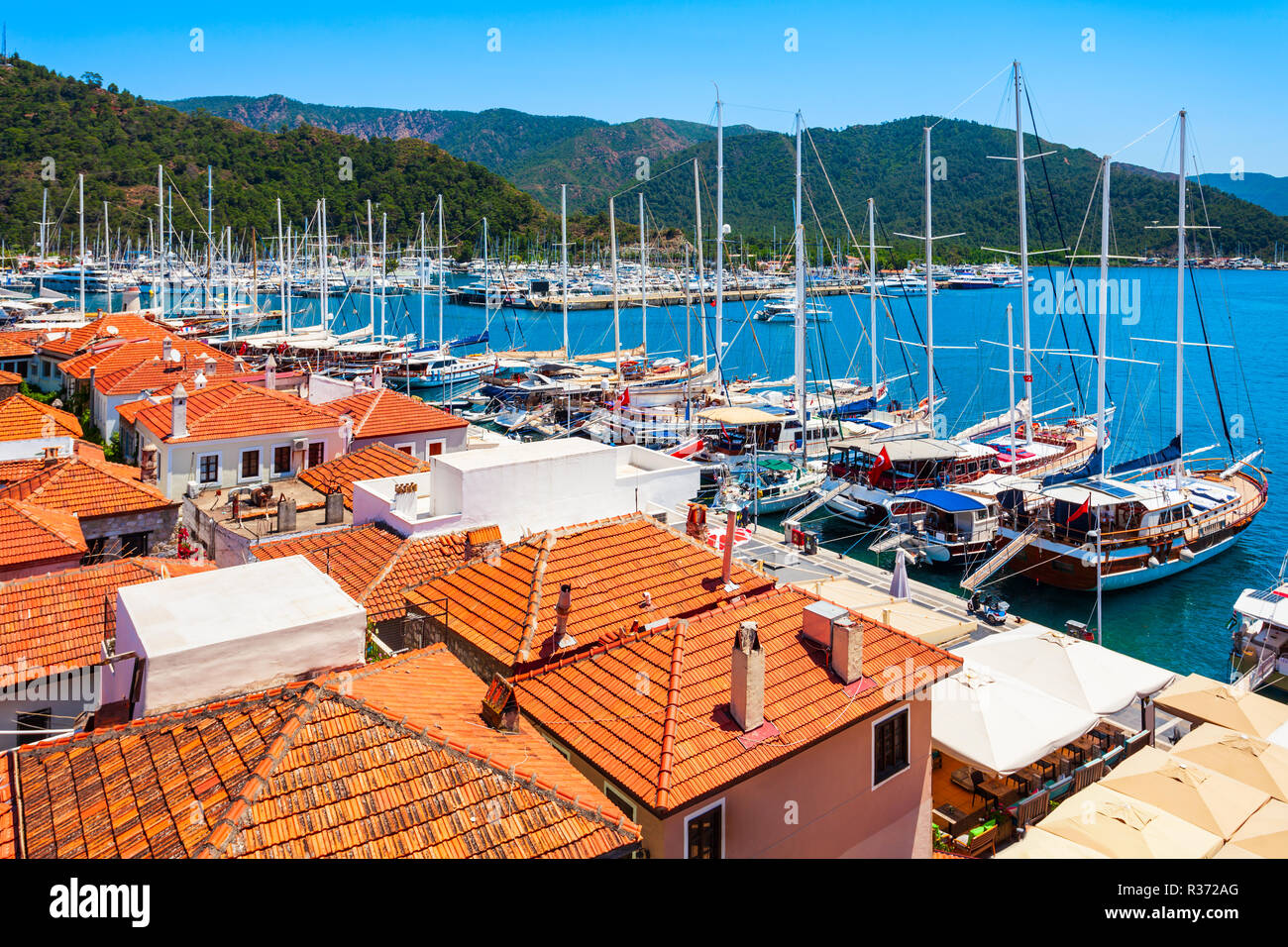Marmaris marina with yachts aerial panoramic view in Turkey Stock Photo ...