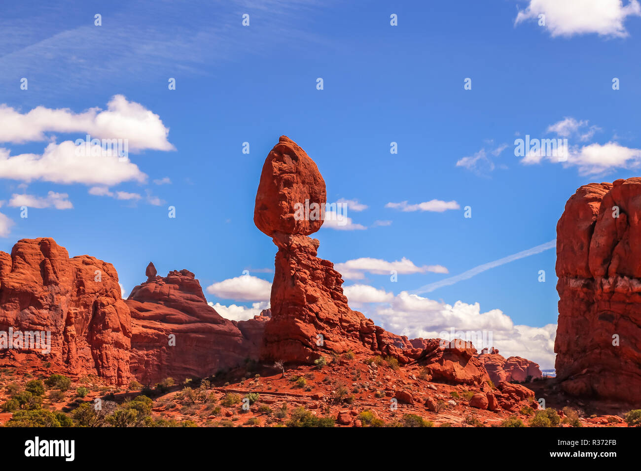 Balanced rock over a sandstone tower in arches national park in the ...