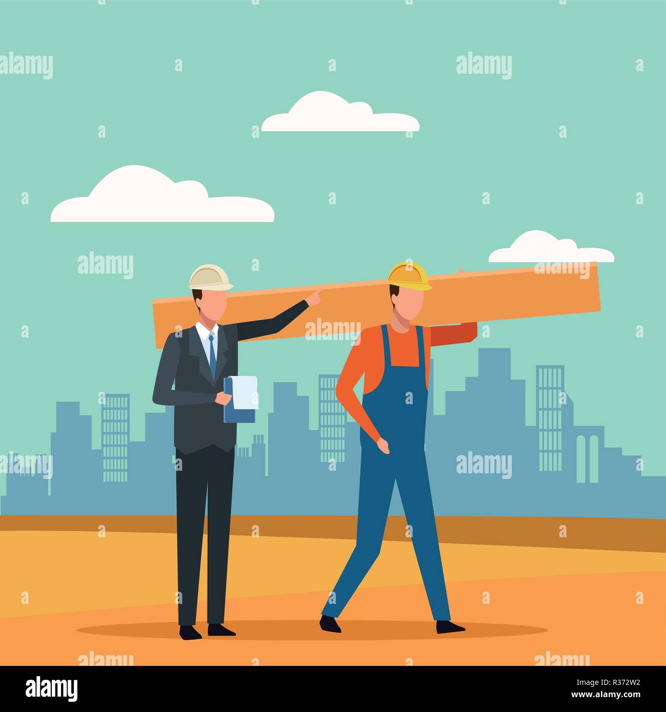 Construction worker and architect teamwork avatar vector illustration graphic design Stock ...
