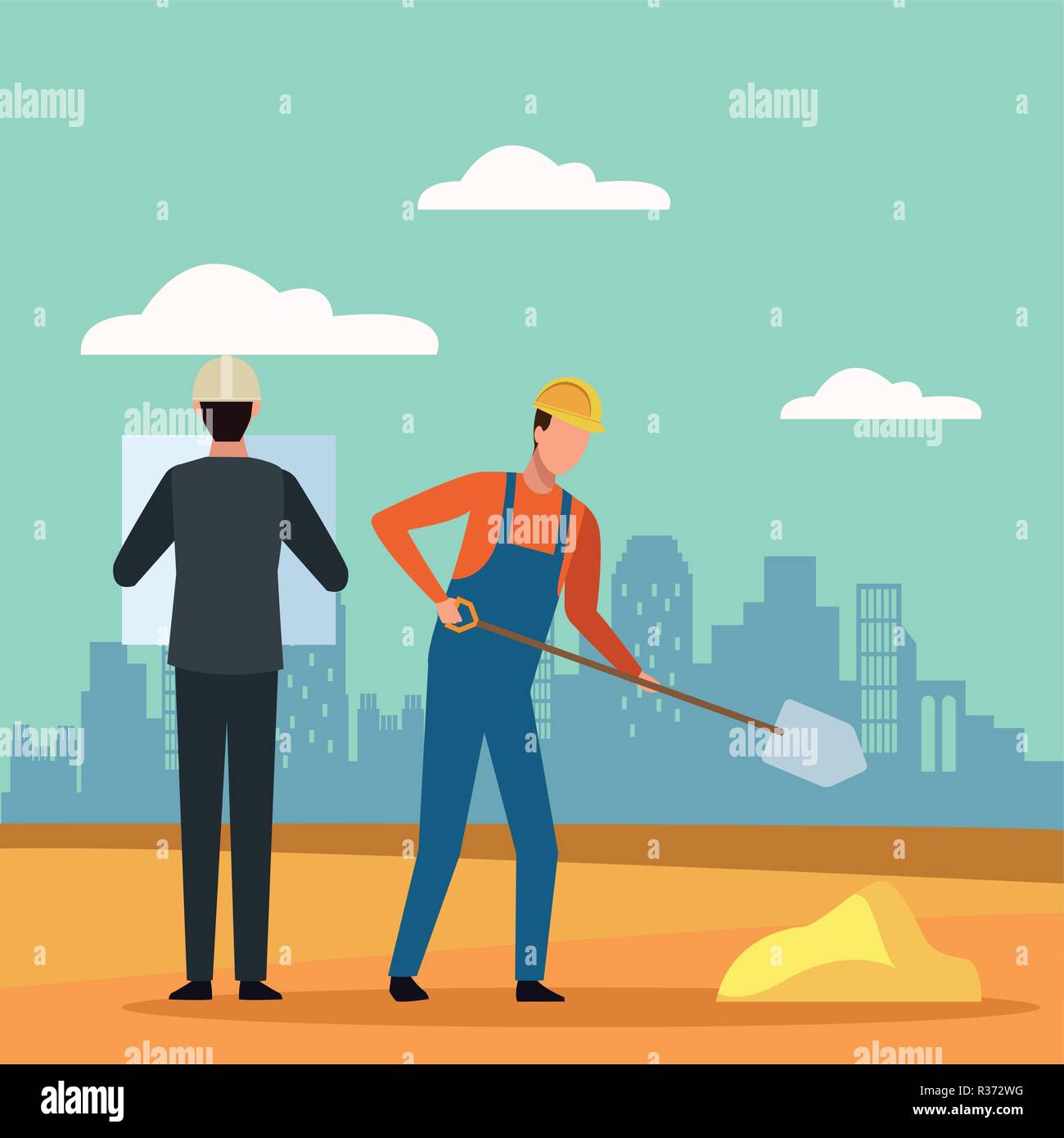 Construction worker and architect teamwork avatar vector illustration graphic design Stock ...