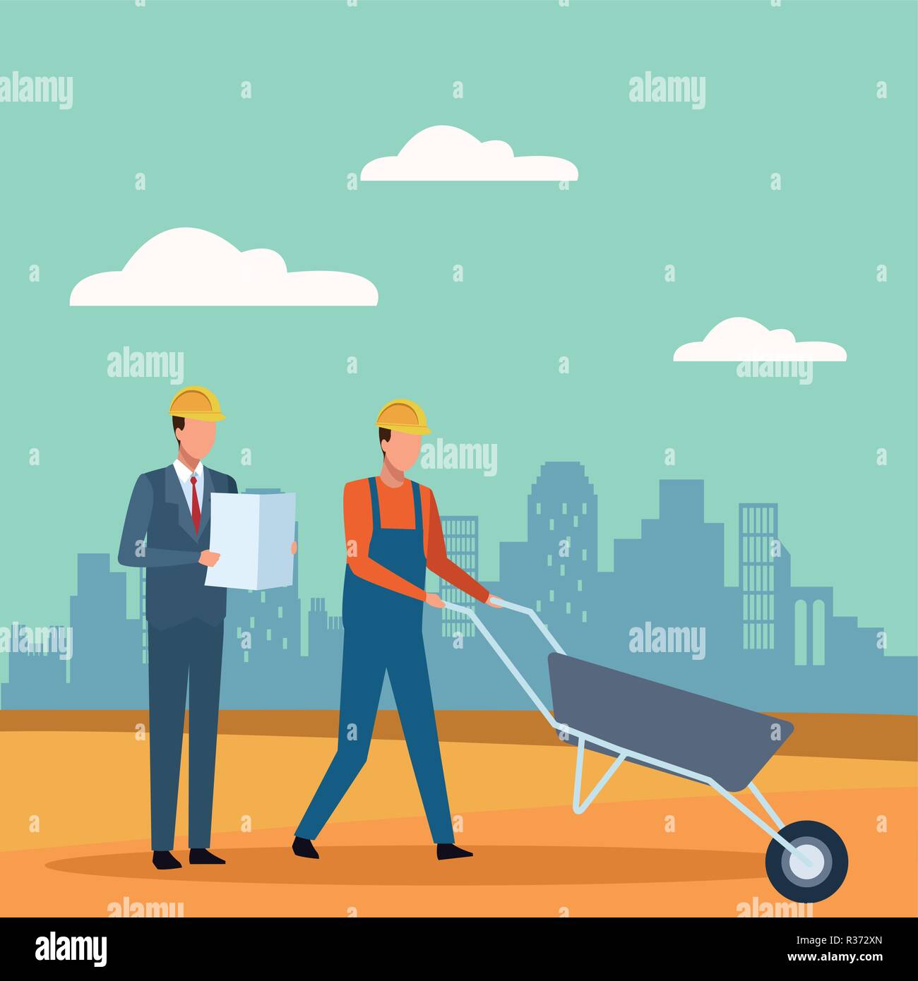 Construction worker and architect teamwork avatar vector illustration graphic design Stock ...