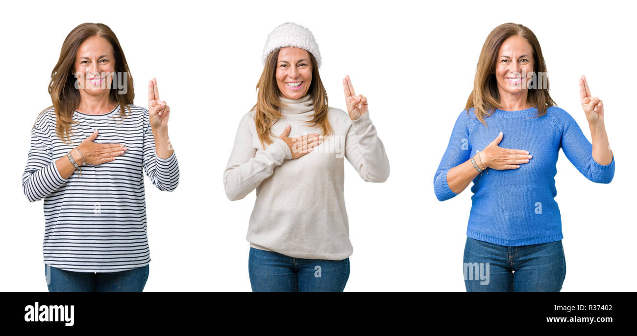 Collage of beautiful middle age woman over isolated background Swearing ...