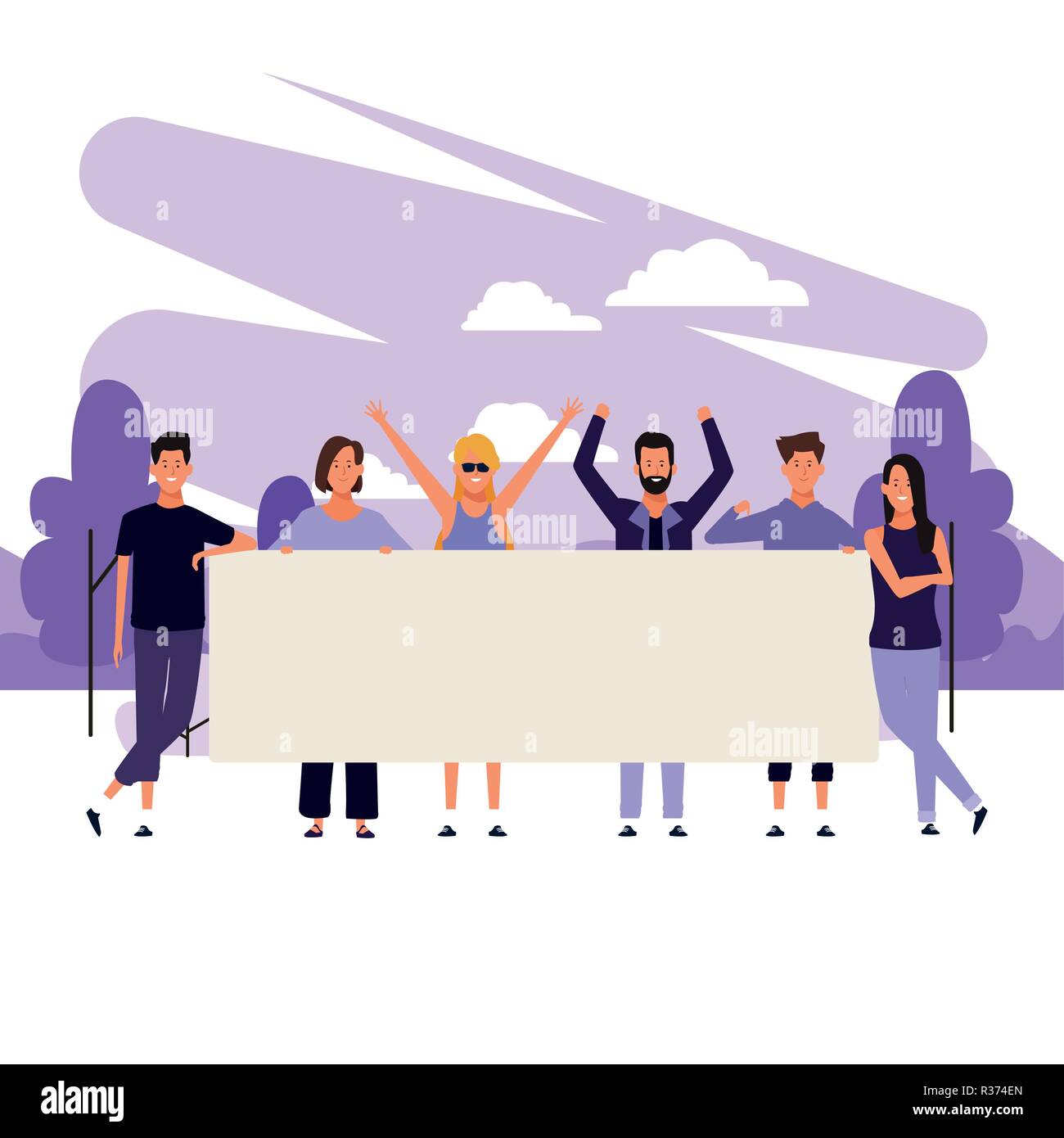 people with posters a group with parkscape in brushprint vector ...