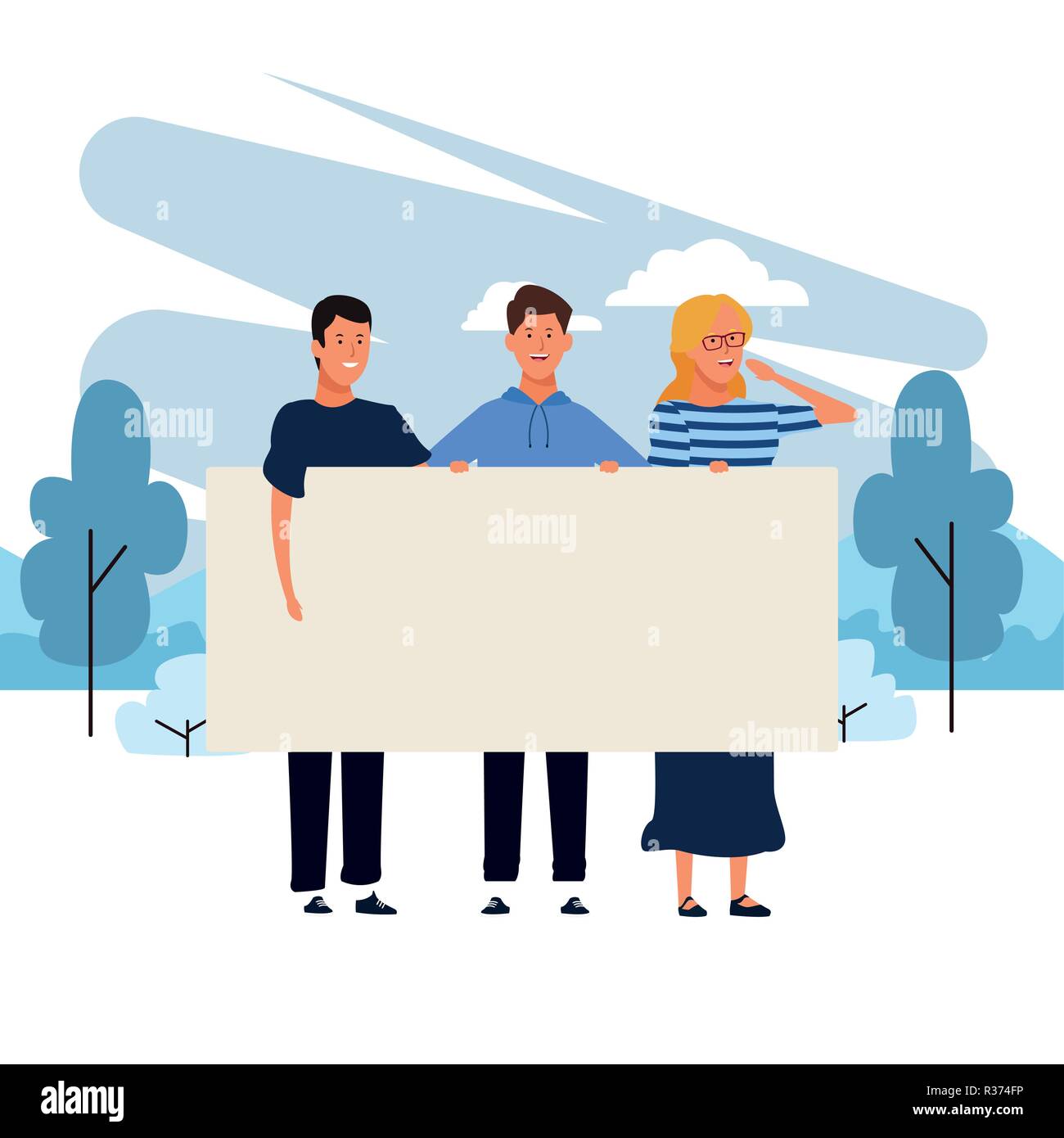 people with posters trio with parkscape in brushprint vector ...