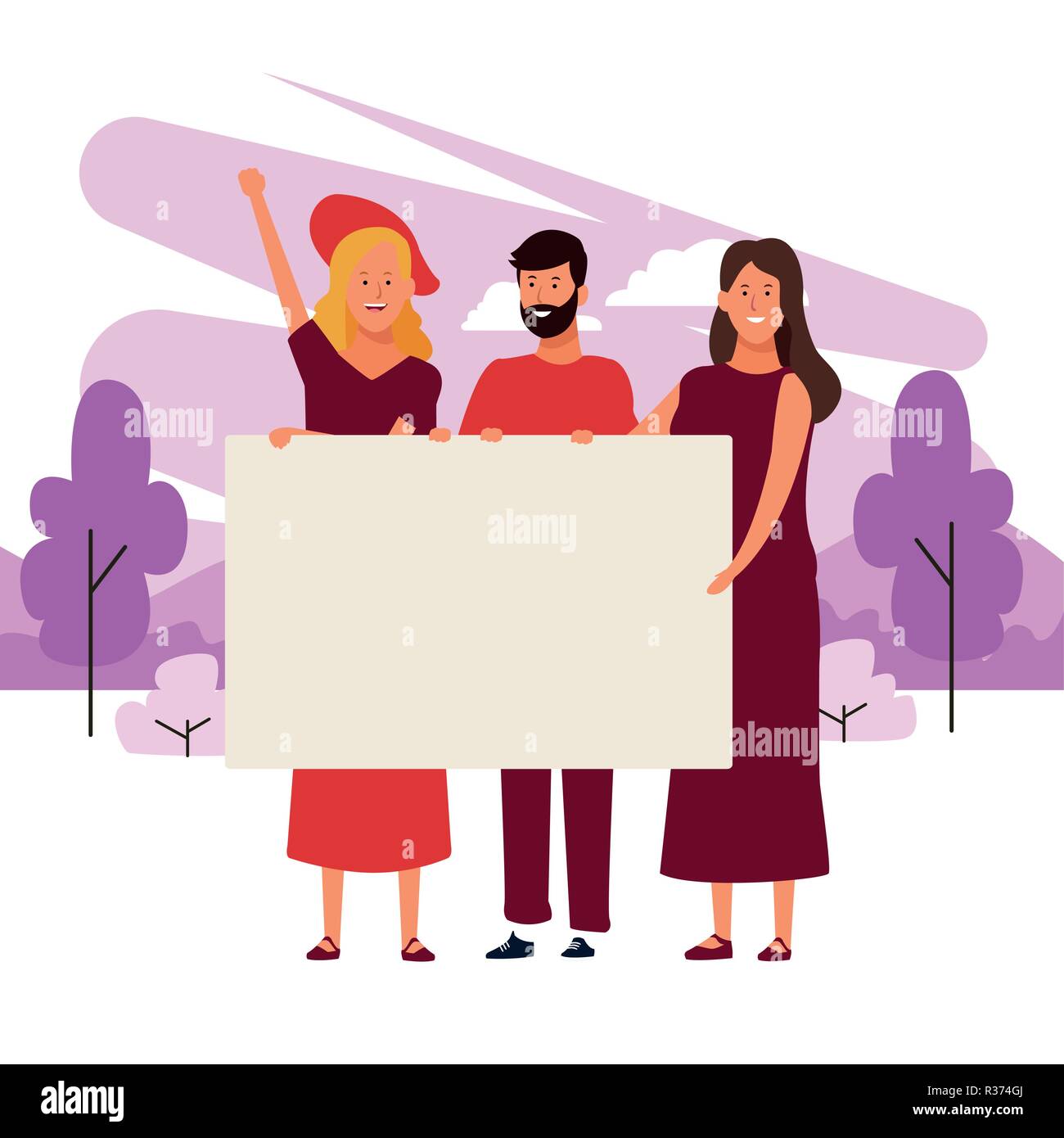 people with posters trio with parkscape in brushprint vector ...