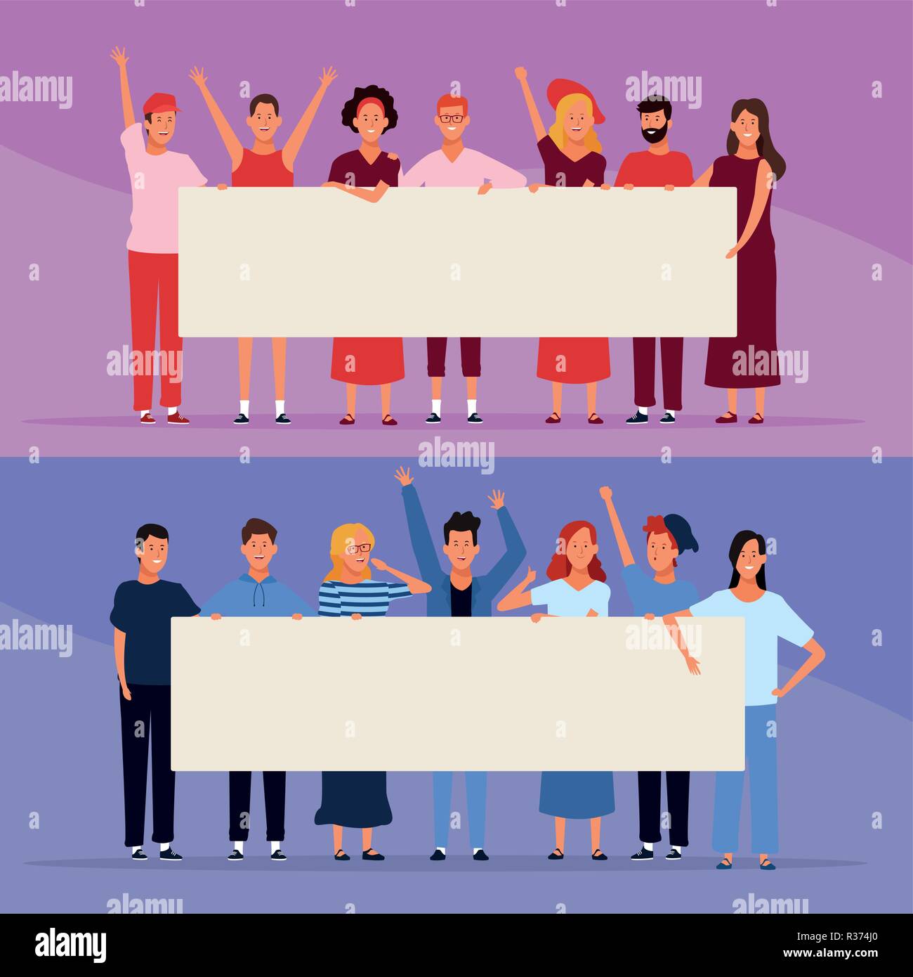 set of people with posters groups with colorful background vector ...