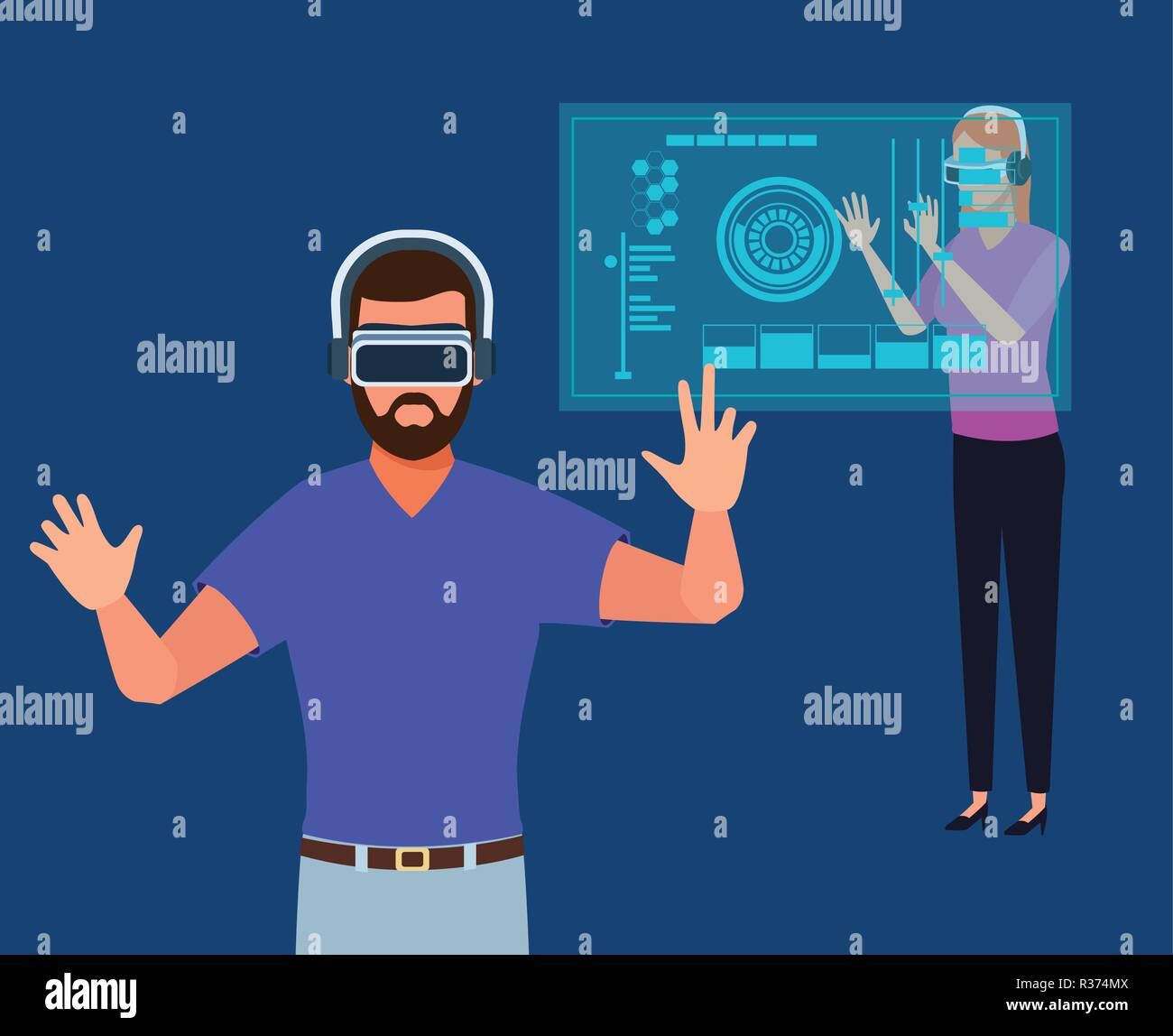 couple using Virtual reality technology avatar cartoons vector ...