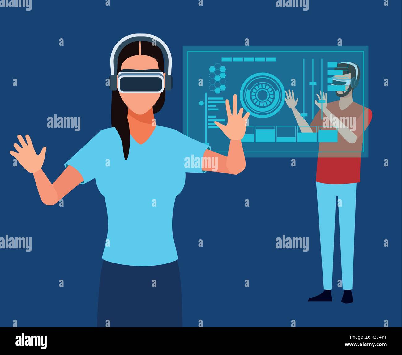 couple using Virtual reality technology avatar cartoons vector ...