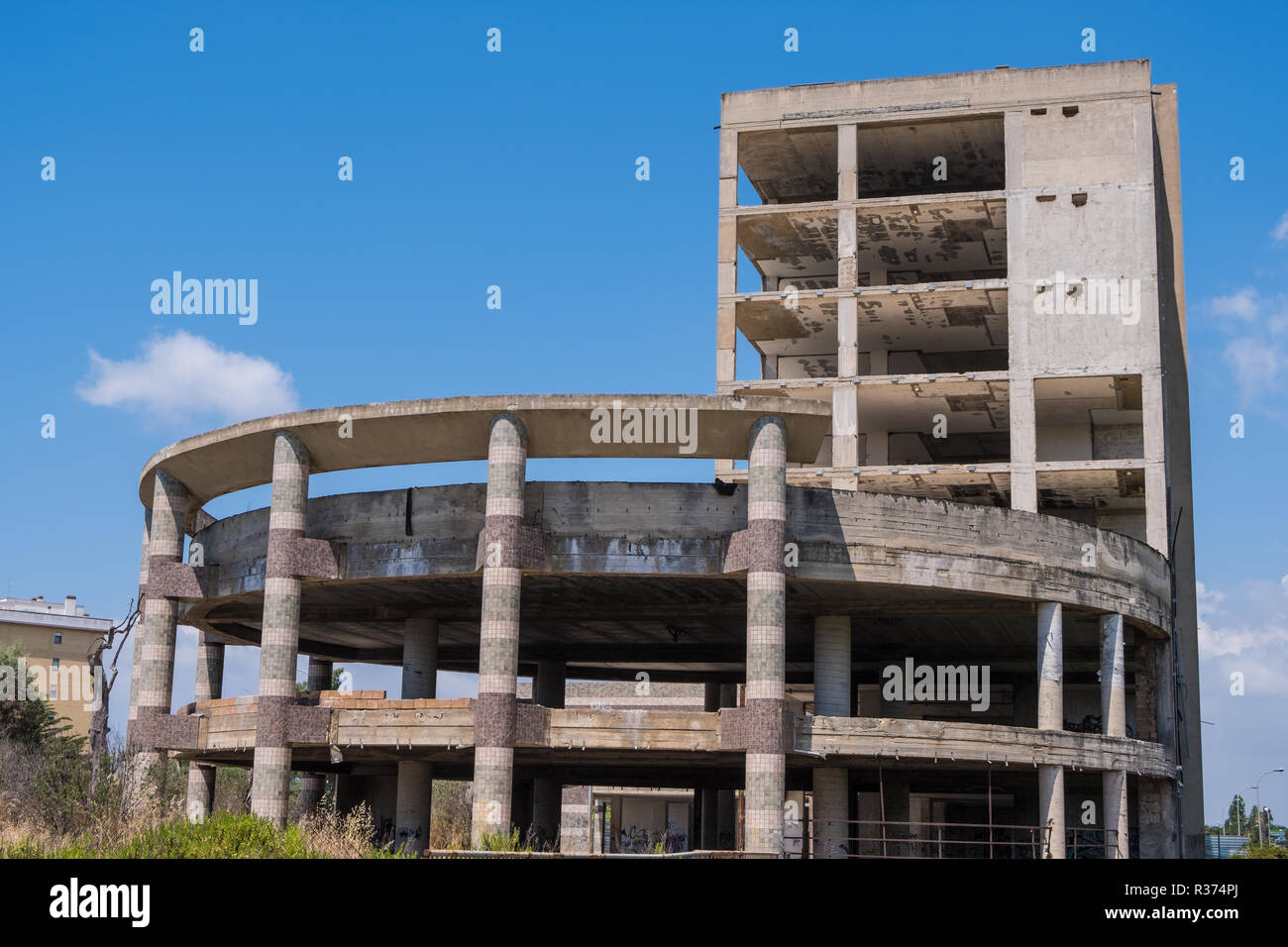 Huge multi floors concrete structure of abandoned building with stairs ...