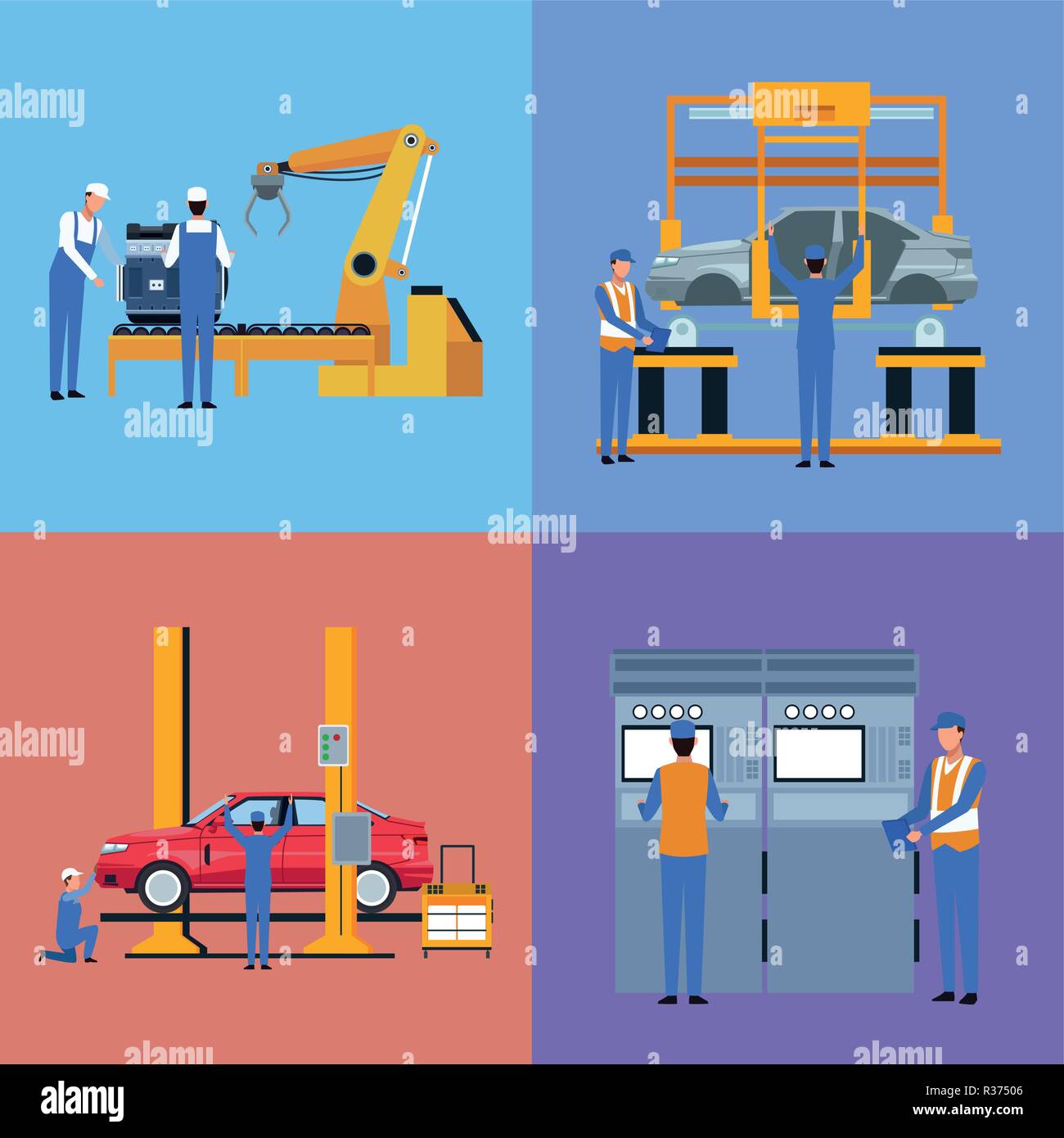 Workers on factory car assembling interior frames vector illustration ...