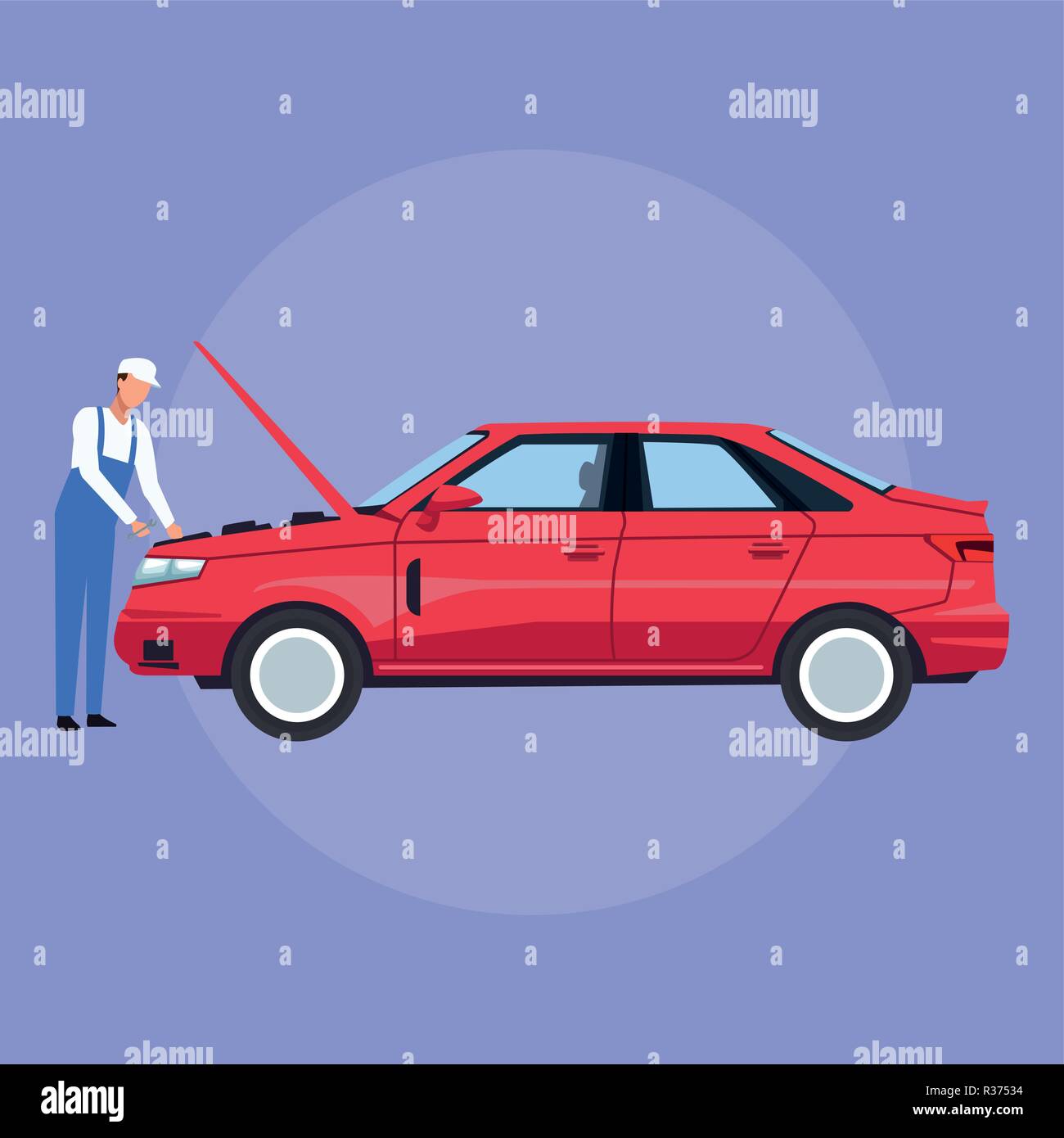 Worker with car on garage shop and repair vector illustration graphic ...