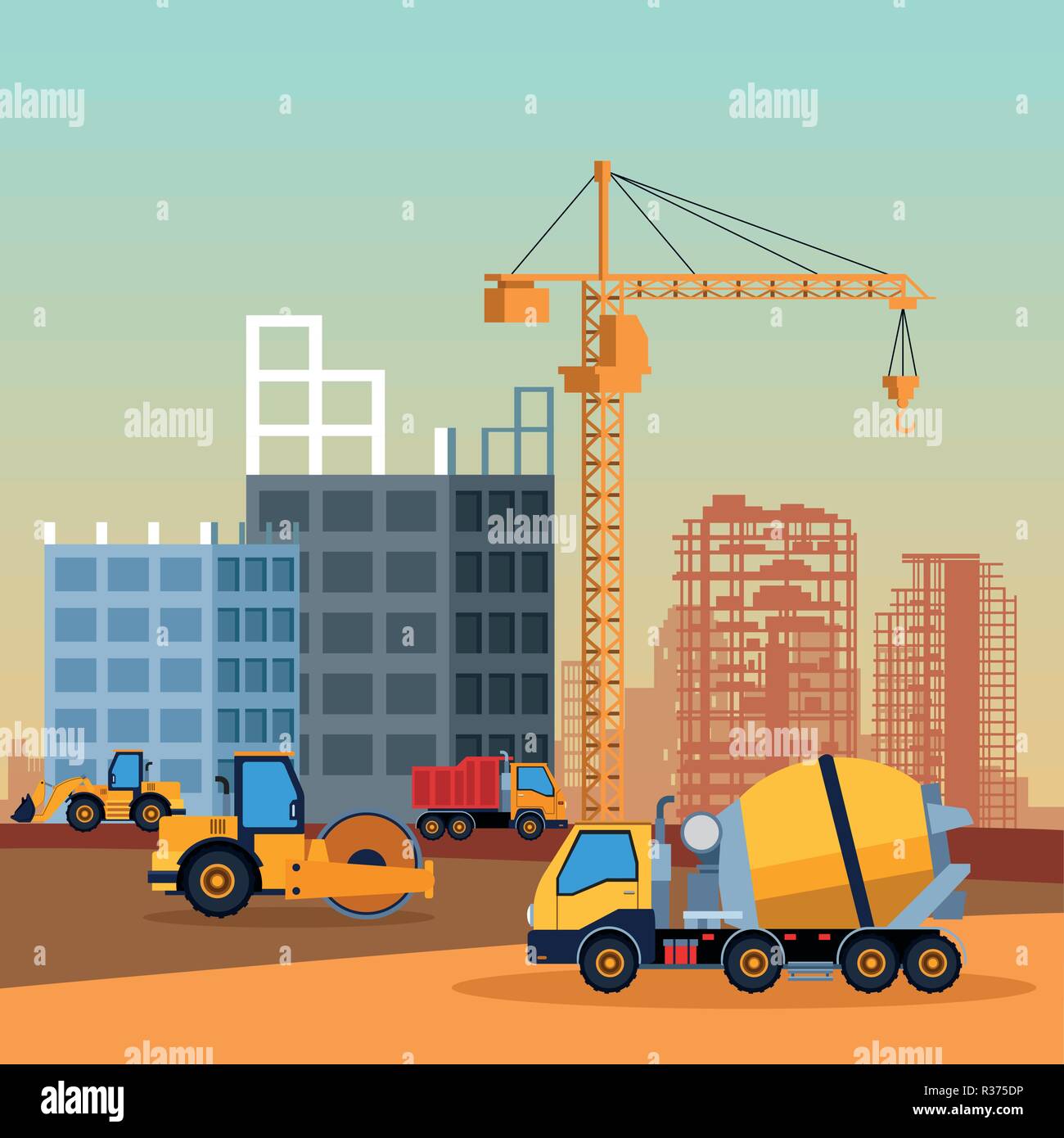 construction trucks vehcles cartoon vector illustration graphic design ...