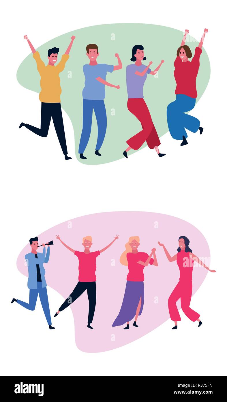 set of dancing people avatar group of four with colorful background ...