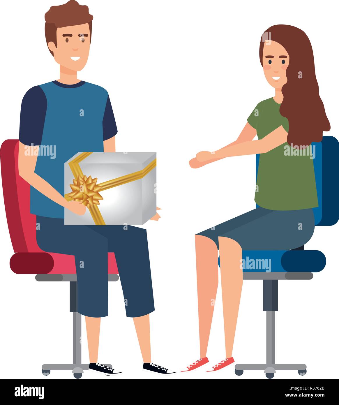 business couple sitting in chairs giving gift vector illustration ...