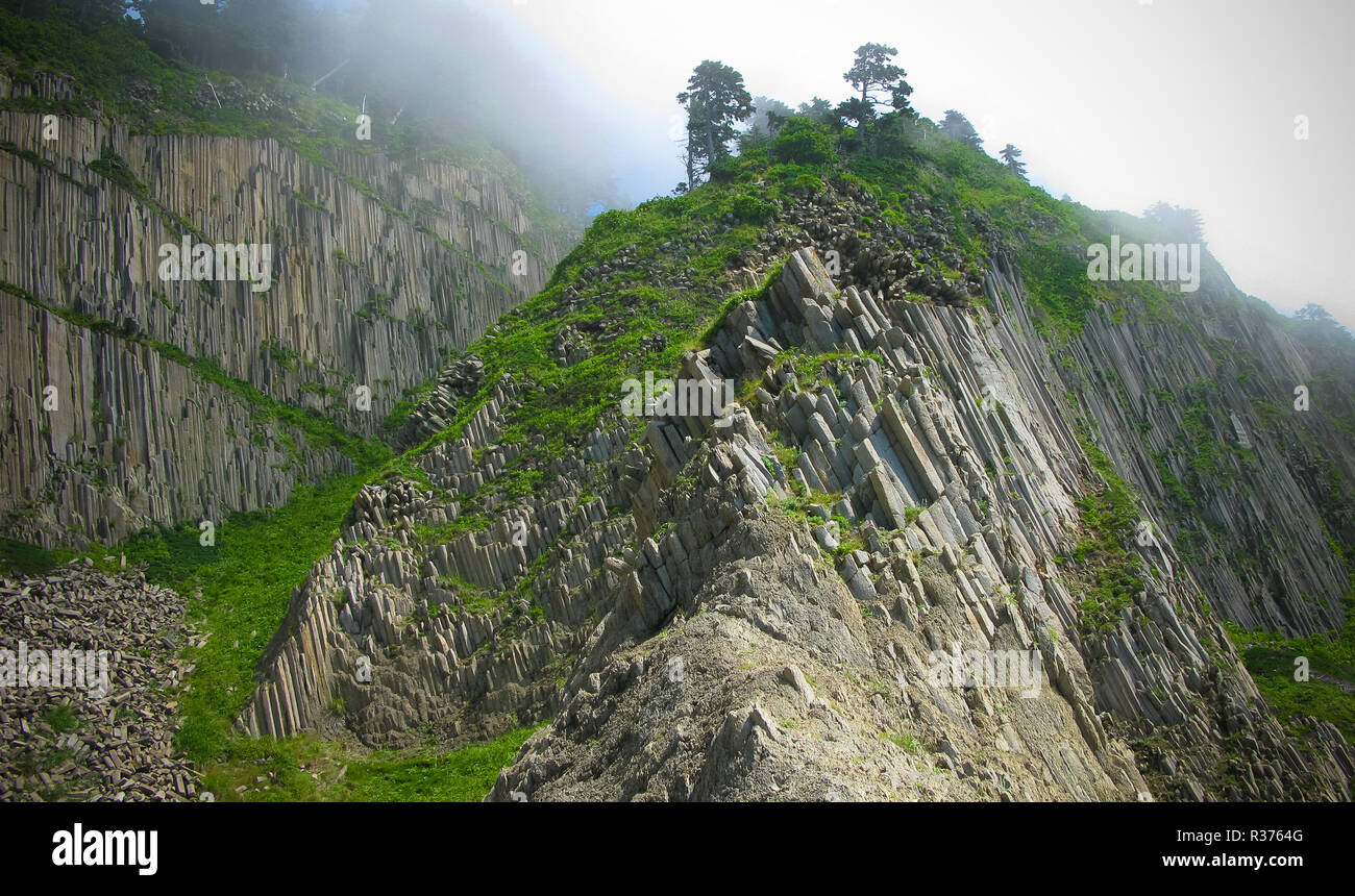 Column basalts formation of Stolbchaty cape at Kunashir at kuril ...