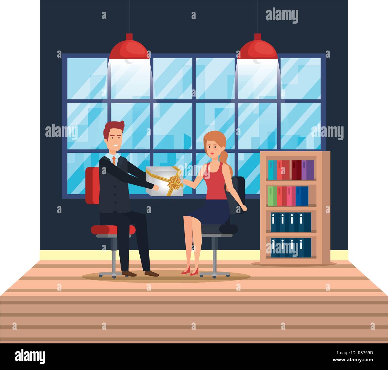 business couple in the workplace giving gift vector illustration design ...