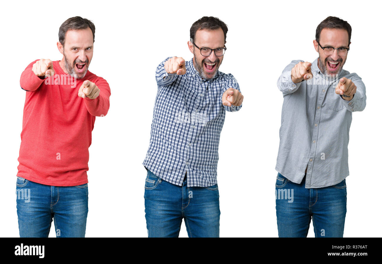 Collage of handsome senior man over white isolated background Pointing ...