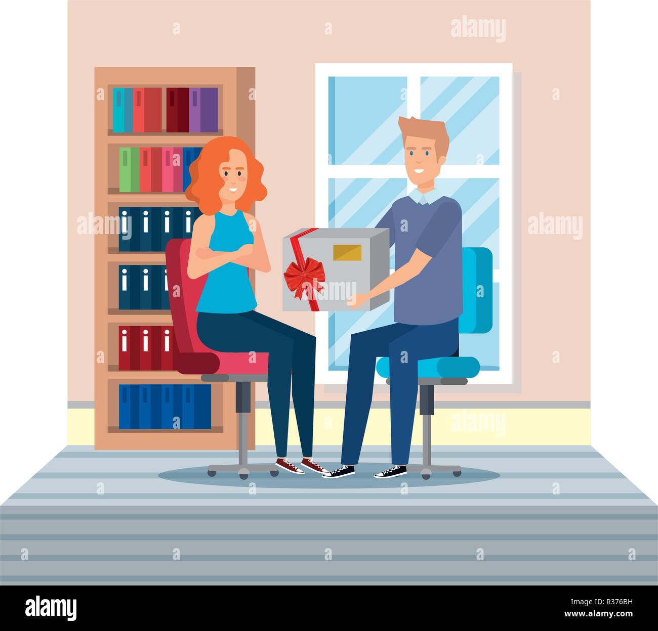 business couple in the workplace giving gift vector illustration design ...