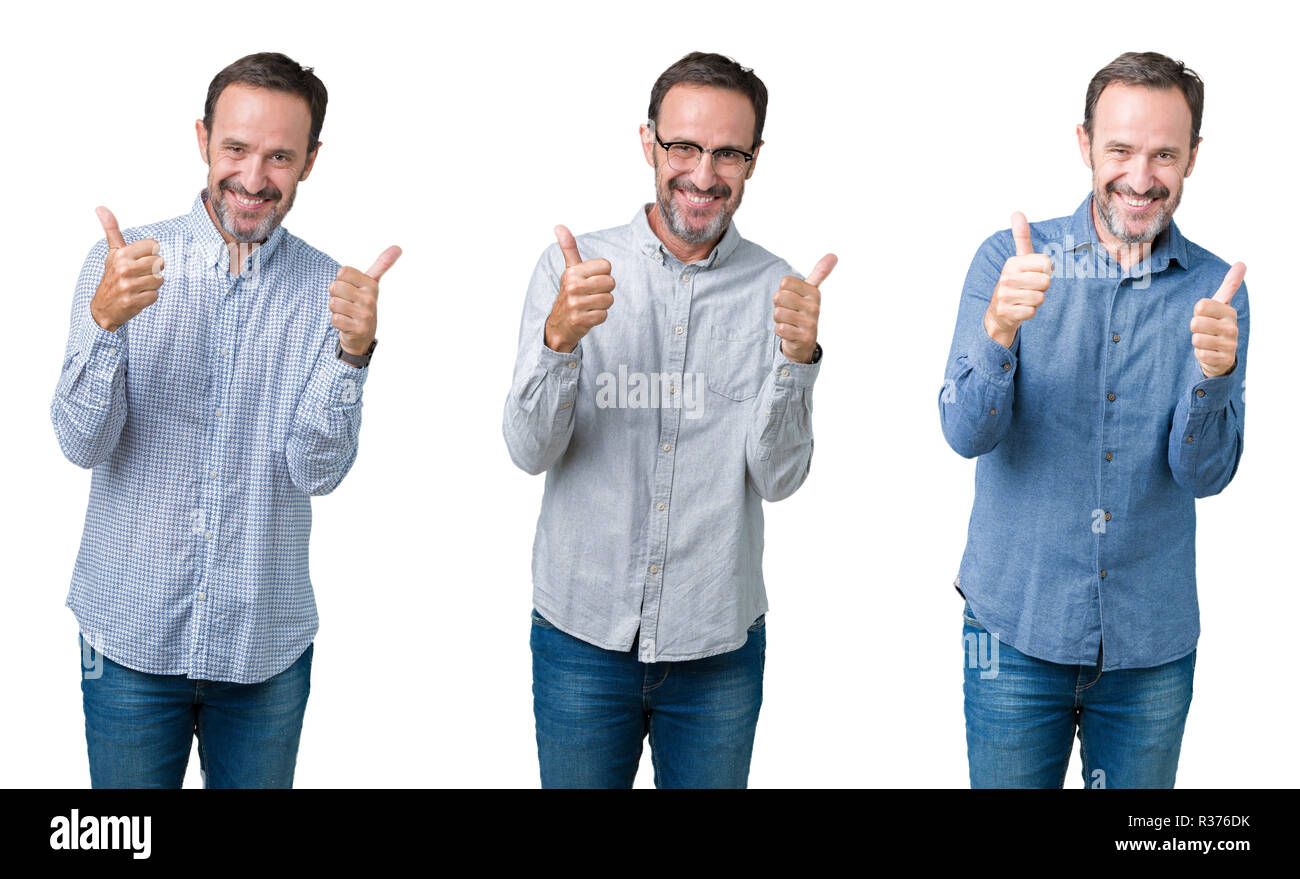 Collage of handsome senior business man over white isolated background ...